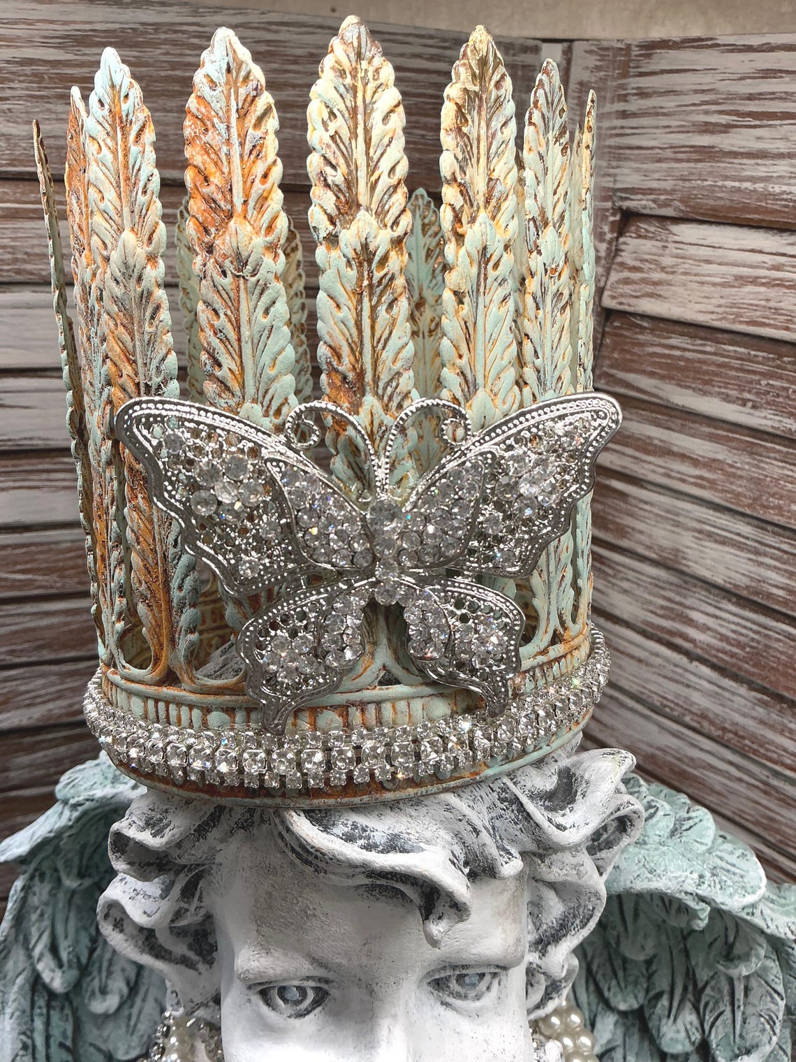 Crowned Cherub Statue Embellished Cherub Feather Crown Large Cherub ...