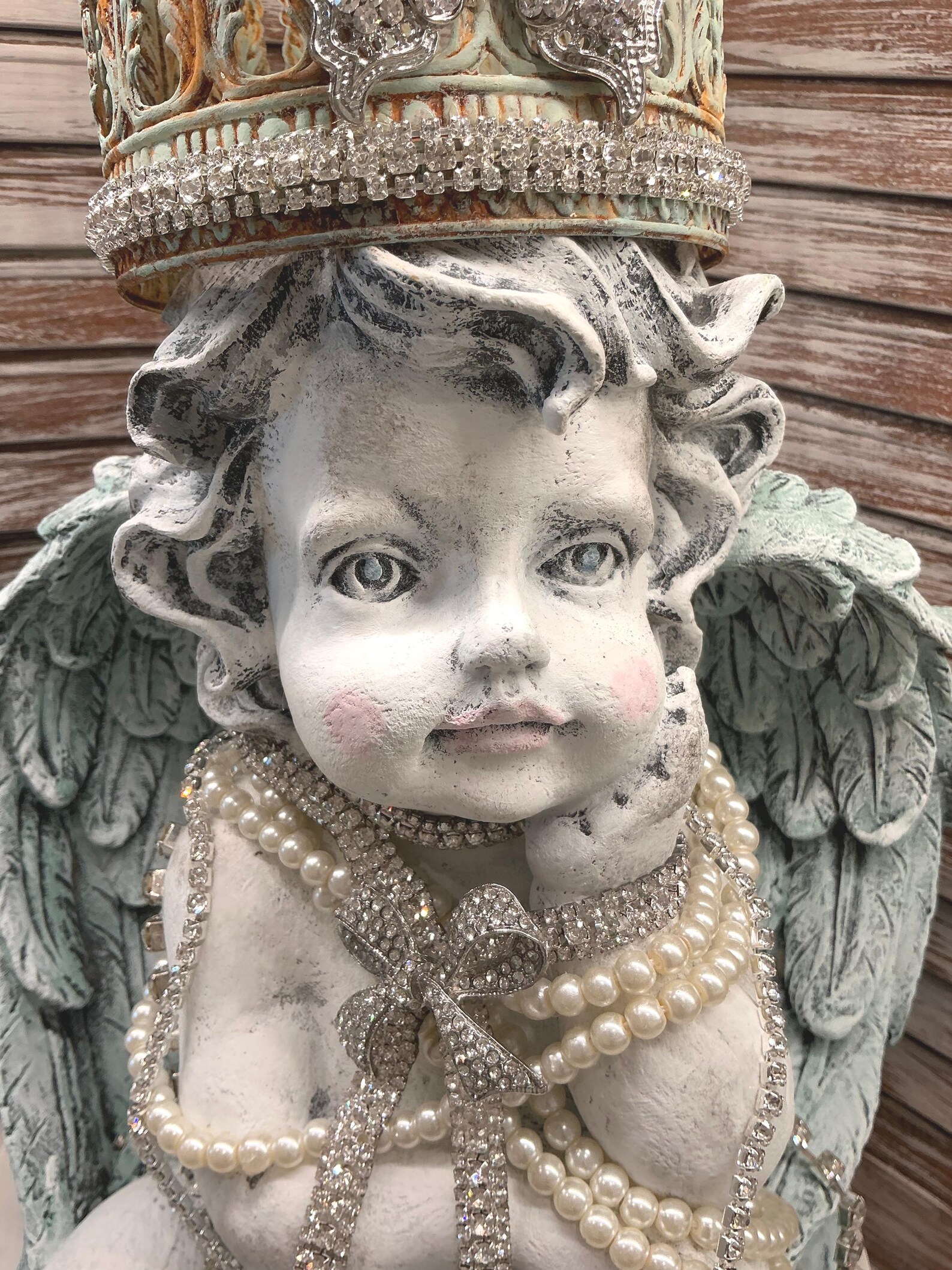 Crowned Cherub Statue Embellished Cherub Feather Crown Large Cherub ...