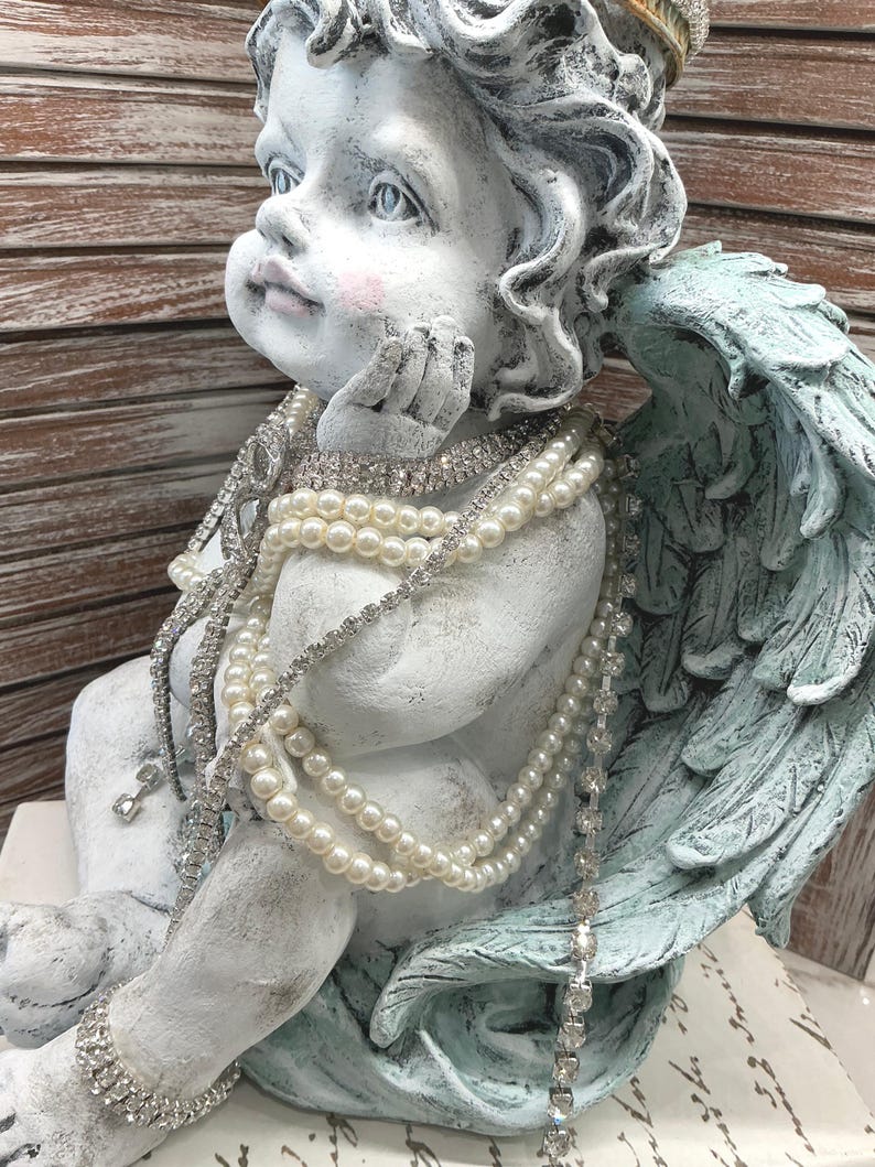 Crowned Cherub Statue Embellished Cherub Feather Crown Large Cherub ...