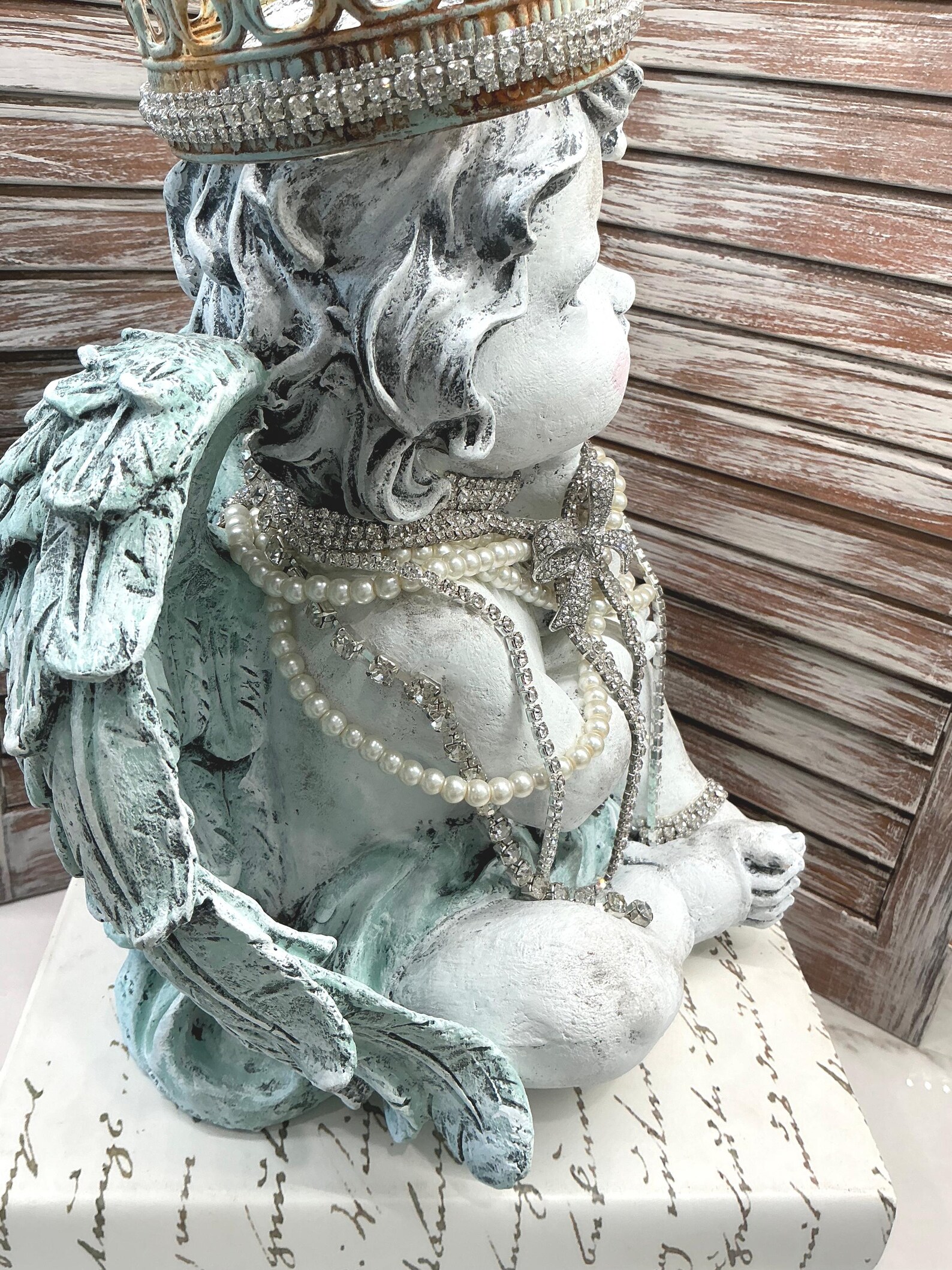 Crowned Cherub Statue Embellished Cherub Feather Crown Large Cherub ...