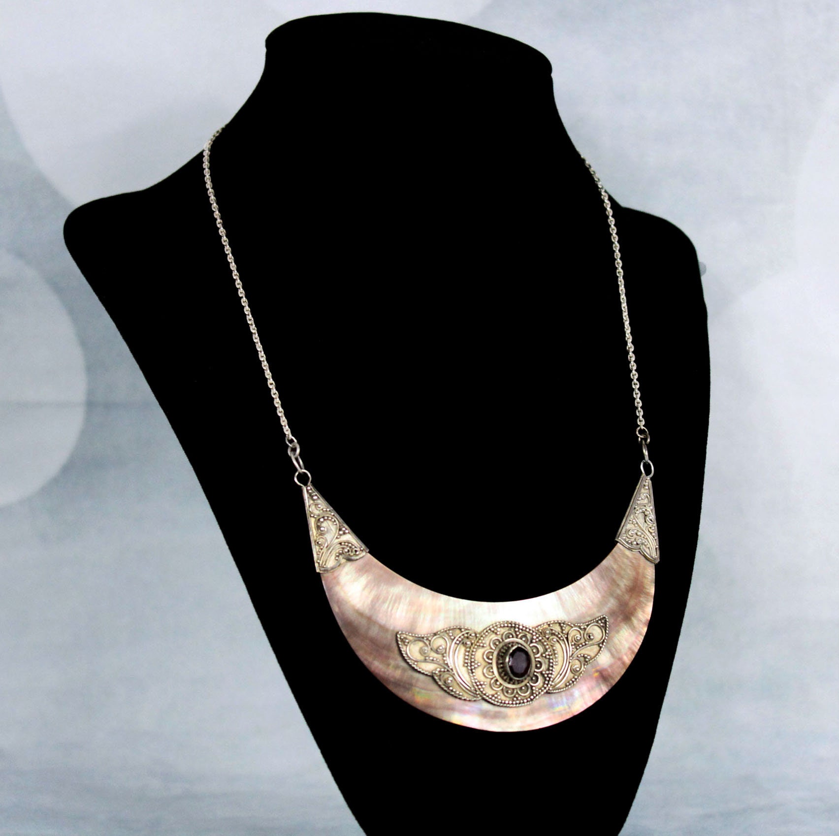 Vintage Bali Plastron Sterling Silver Garnet Stone Abalone Shell ...