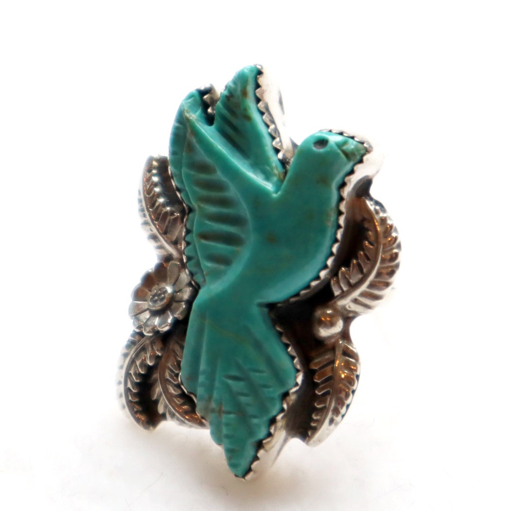 Vintage Navajo Carved Turquoise BIRD Ring Chunky Sterling Silver ...