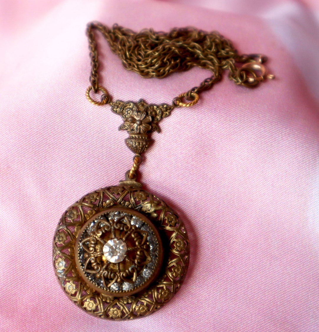 True Art Nouveau Vintage Lavalier Necklace Brass Glass Rhinsteones ...