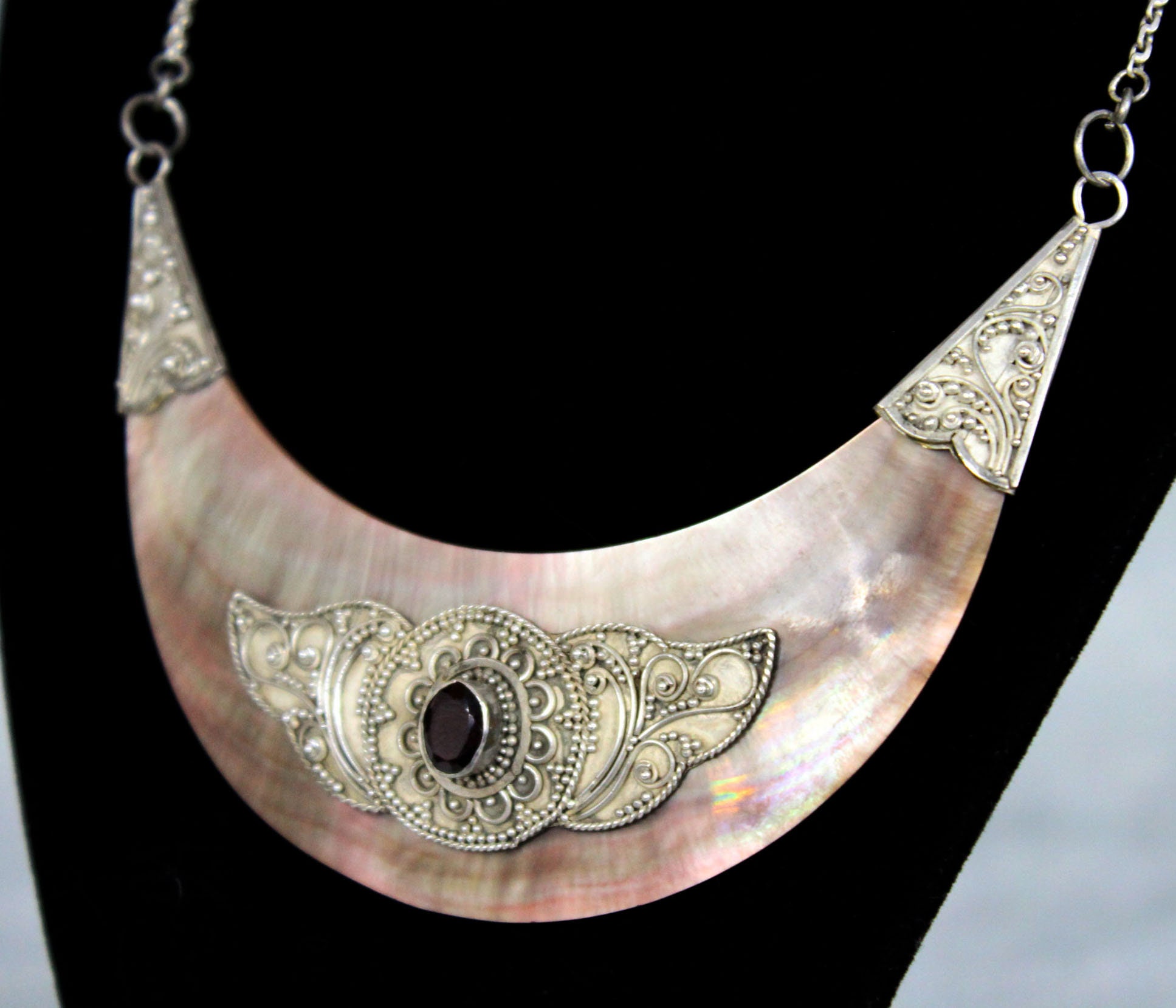 Vintage Bali Plastron Sterling Silver Garnet Stone Abalone Shell ...