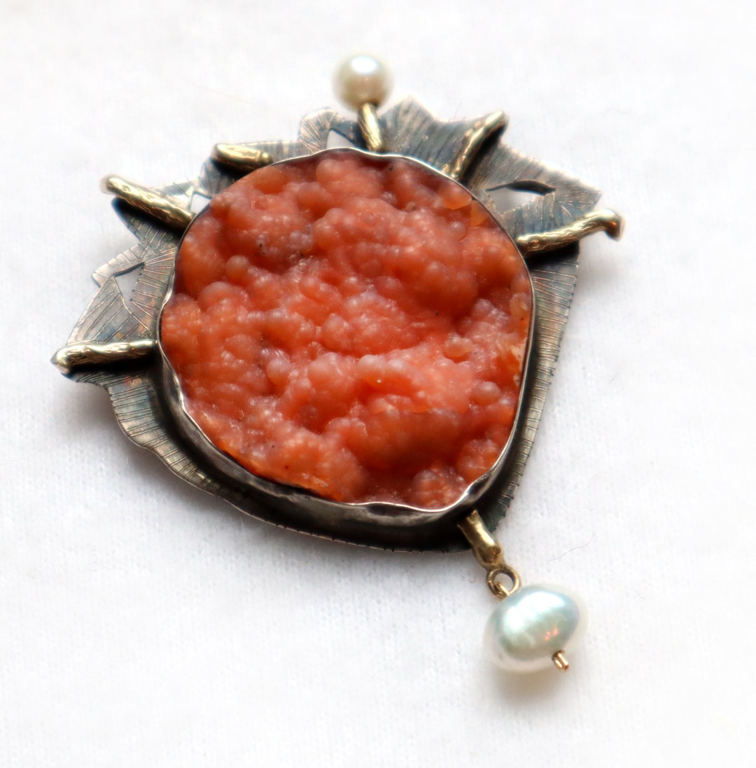 RARE Signed Roz Balkin Sterling 14k Gold Pearl Pink Calcite Brooch ...