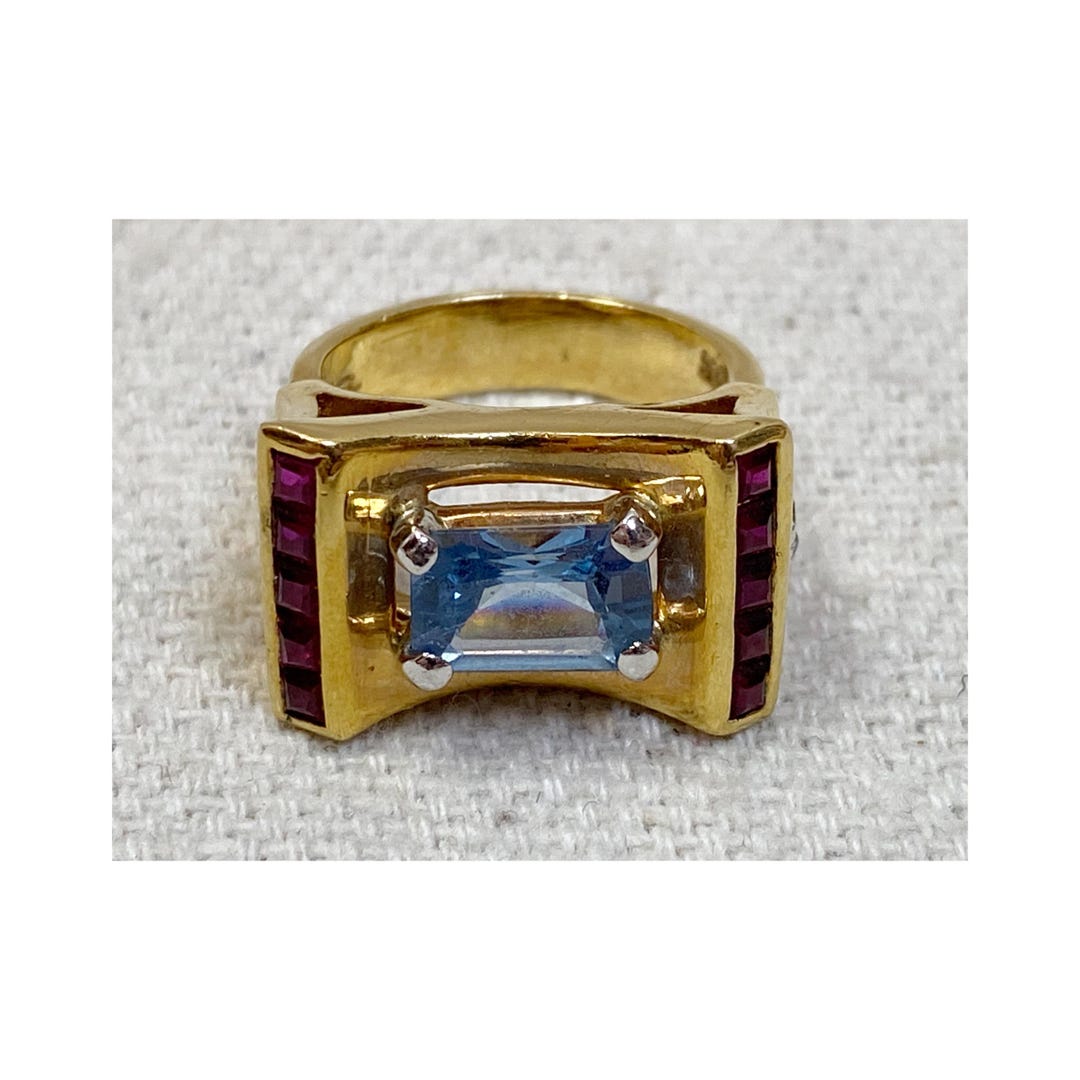 Farrah Fawcett Topaz and Ruby 925 Modernist Statement Gold Vermeil Ring ...