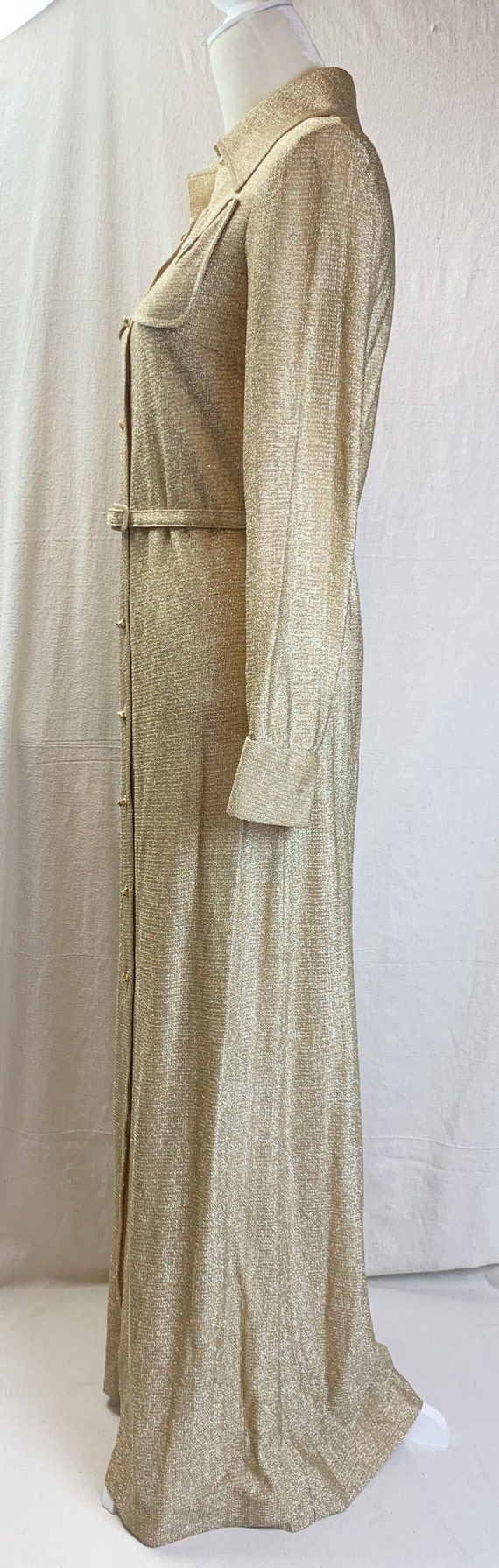 70s Silver Gold Metallic Thread Belted Maxi Shirt Dr… - Gem