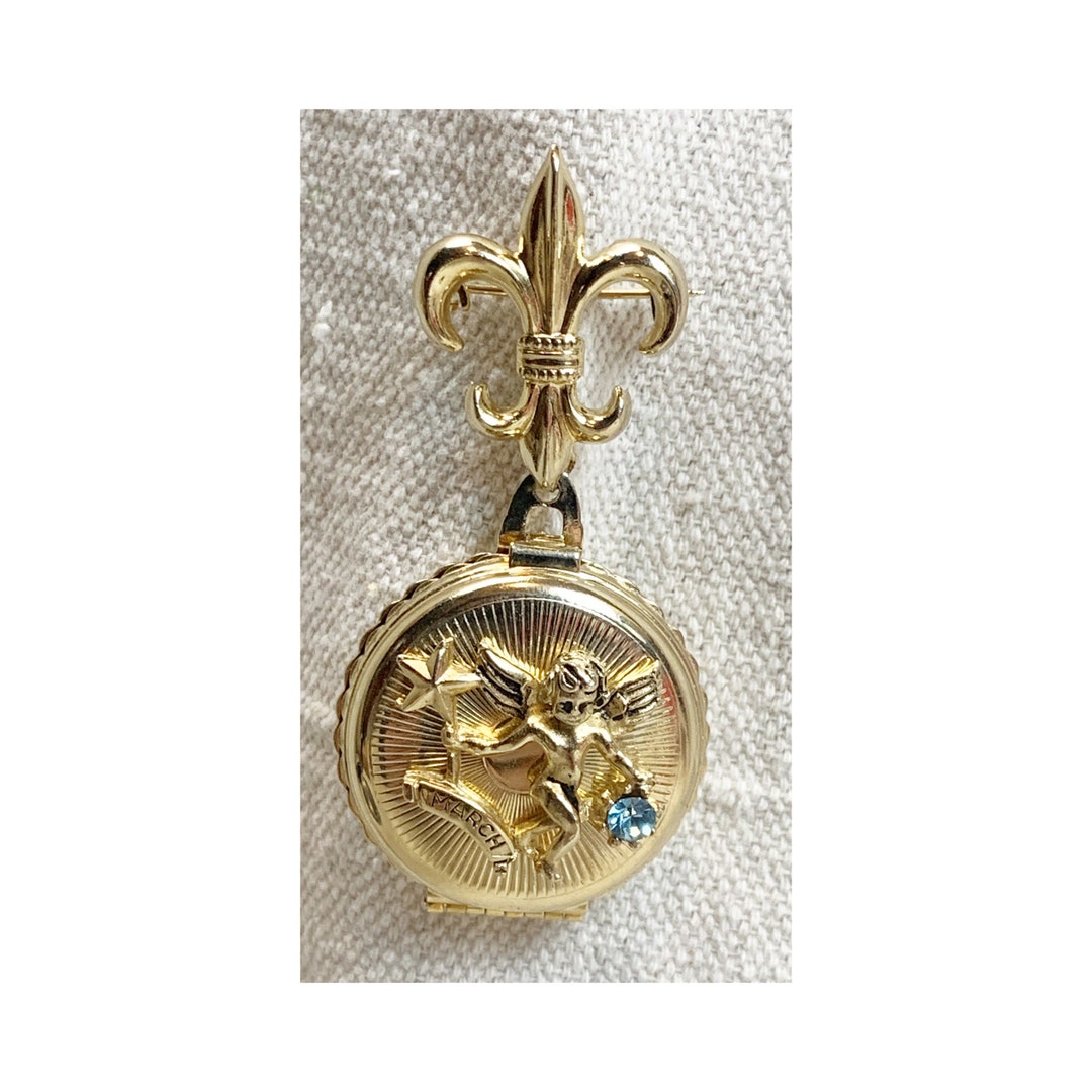 Vintage Coro Birthstone Locket Brooch Gold-tone March Cherub and Fleur ...