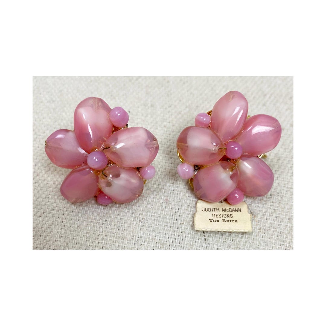 NOS Judith Mccann Designs Pink Glass Cluster Wingback Earrings Non ...