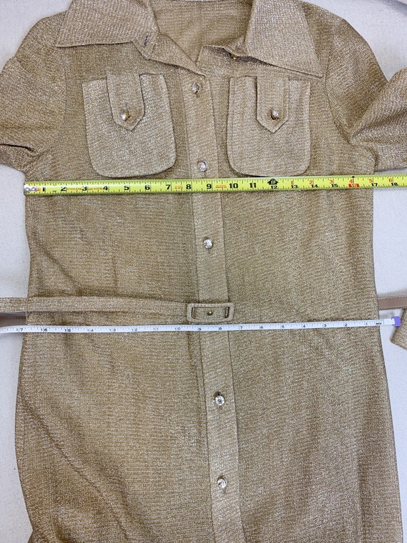 70s Silver Gold Metallic Thread Belted Maxi Shirt Dr… - Gem