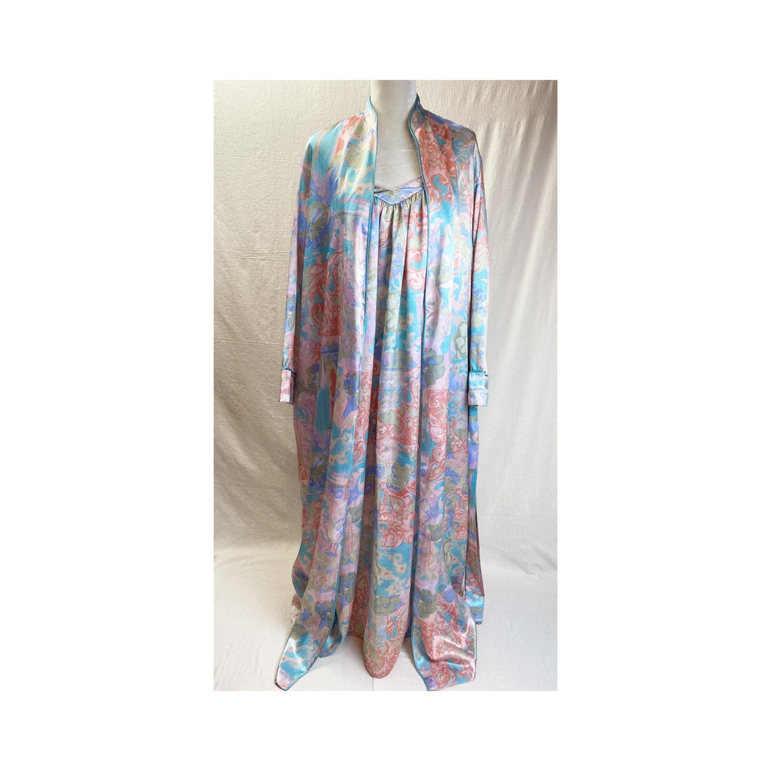 1990s Mary Mcfadden Lingerie Nightgown and Robe Set Abstract Floral S ...