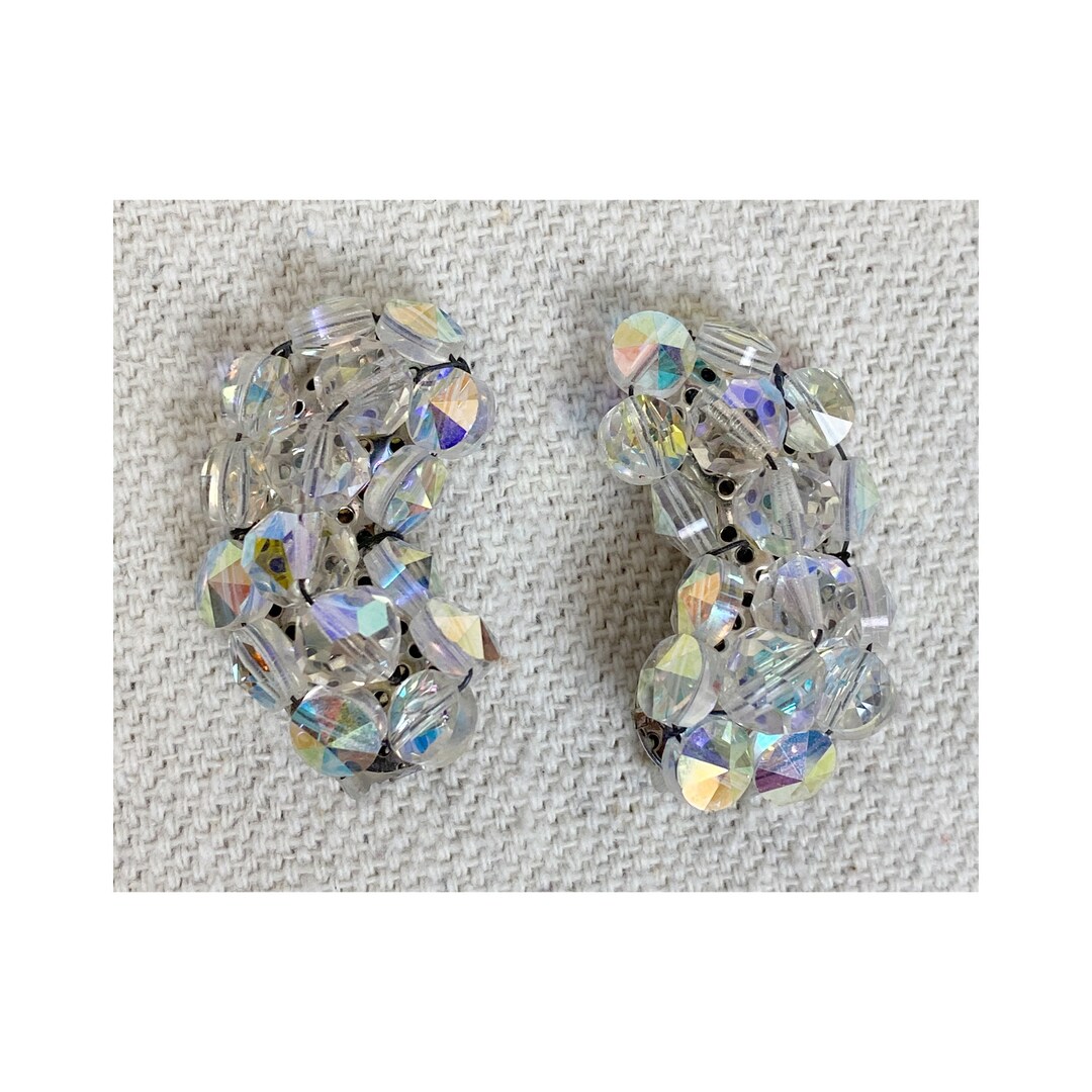 Mid Century Kidney Shaped Clear AB Faceted Bead Clip on Earrings - Etsy