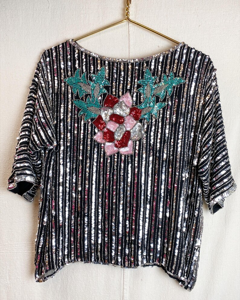 Super Sparkley Flower Sequin Short Sleeved Silk Top - Etsy