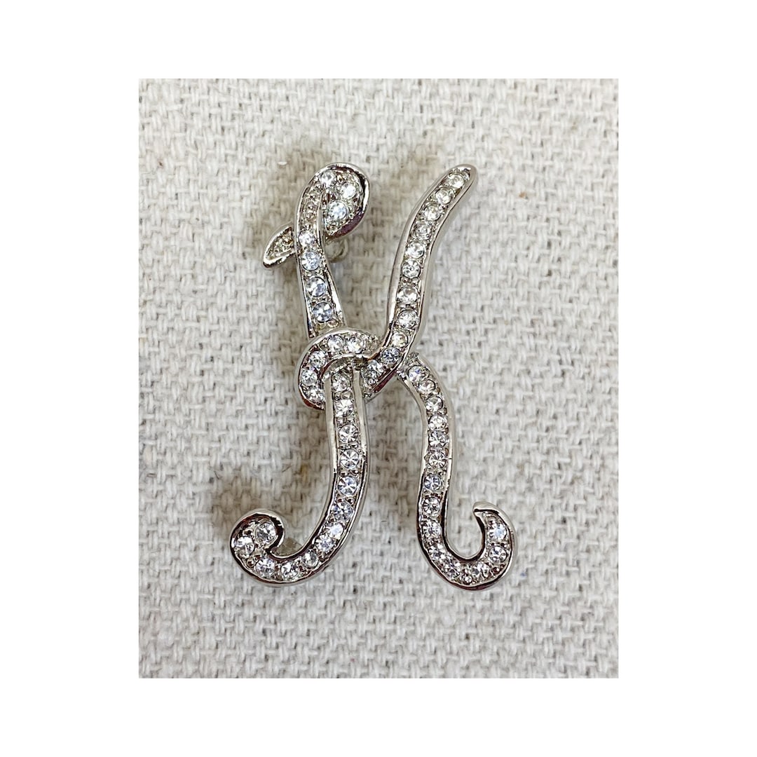 Kenneth Lane Made in USA Clear Rhinestone Cursive Letter K Silver Tone ...
