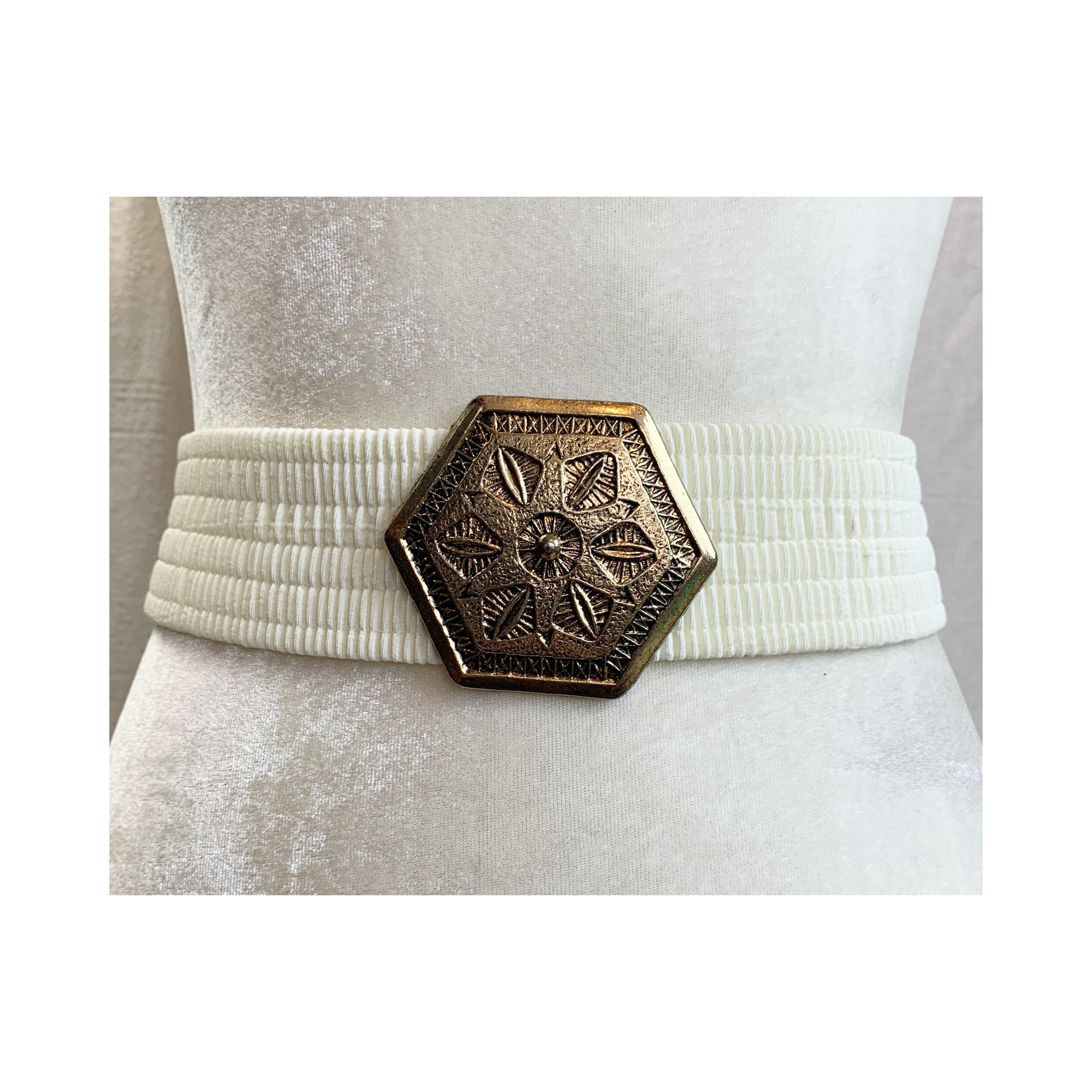 Vintage Wide Cream Stretch Belt With Antiqued Gold Hexagonal Buckle - Etsy
