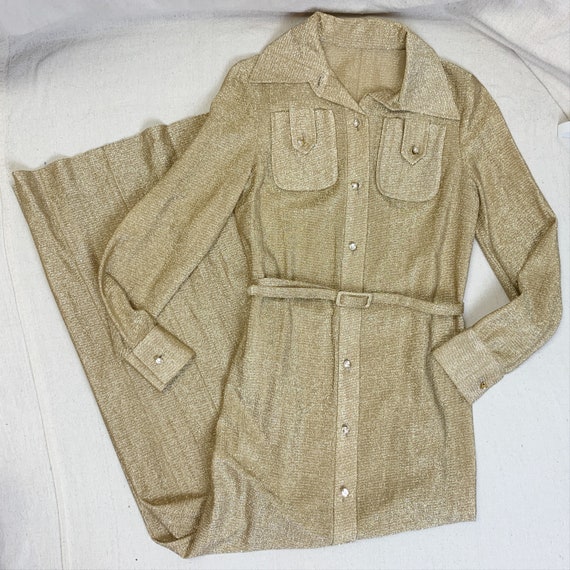 70s Silver Gold Metallic Thread Belted Maxi Shirt Dr… - Gem
