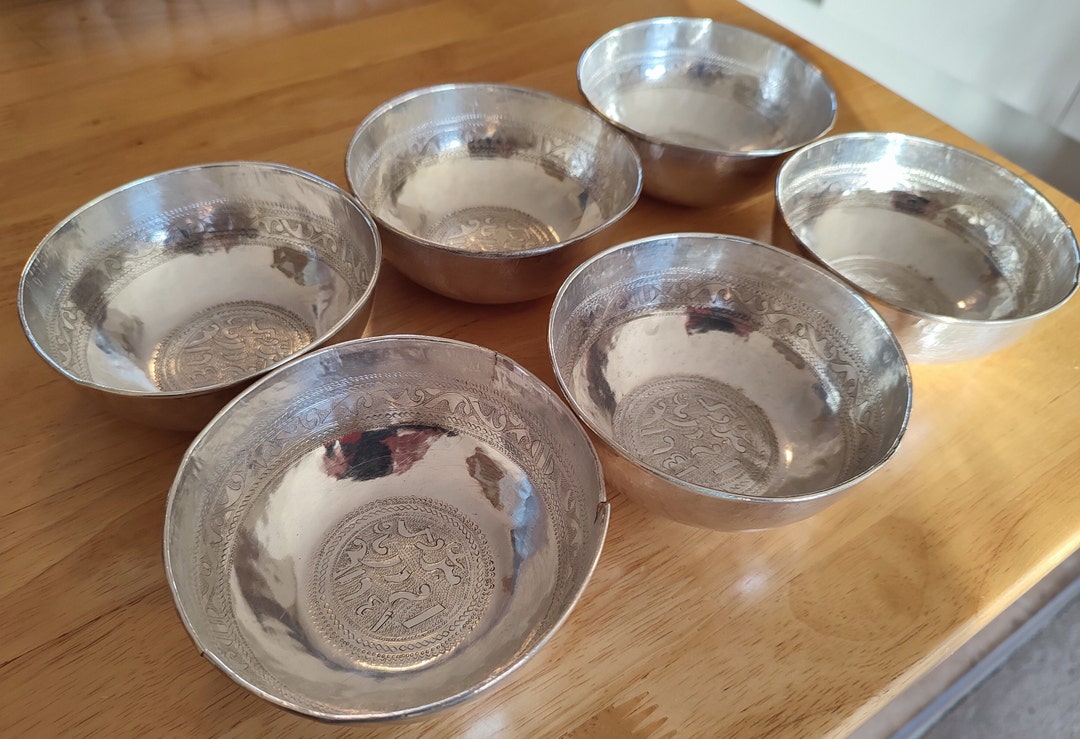 ANTIQUE ISLAMIC SILVER 6 Kashmiri Indian Silver Matching Bowls Dishes ...
