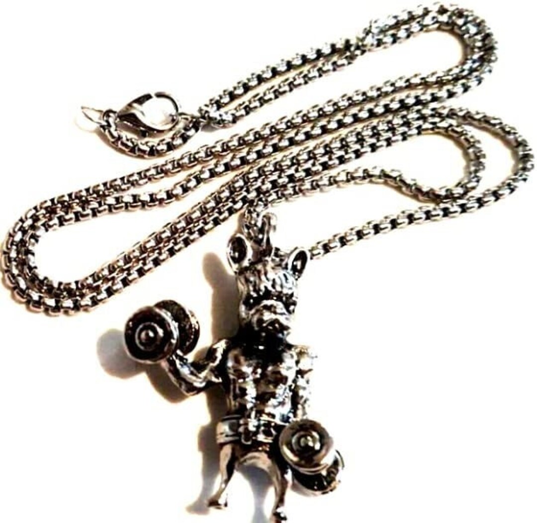 Stainless Steel 3D Bodybuilder Bulldog Necklace Dog Pendant Dumbbell ...