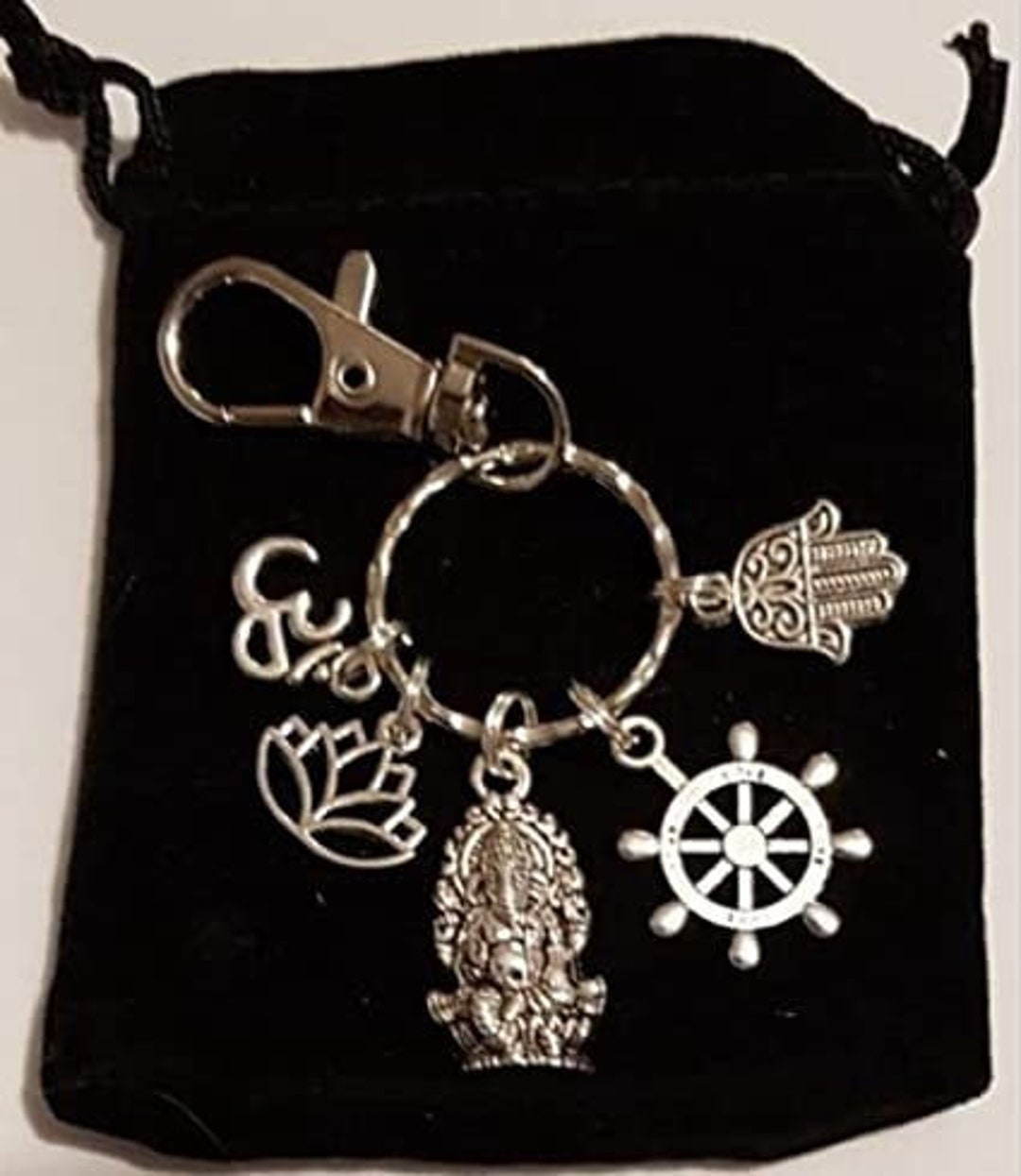 Ganesh Keychain With Dharma Wheel, Hamsa Hand, Aum & Lotus, Ganesha ...