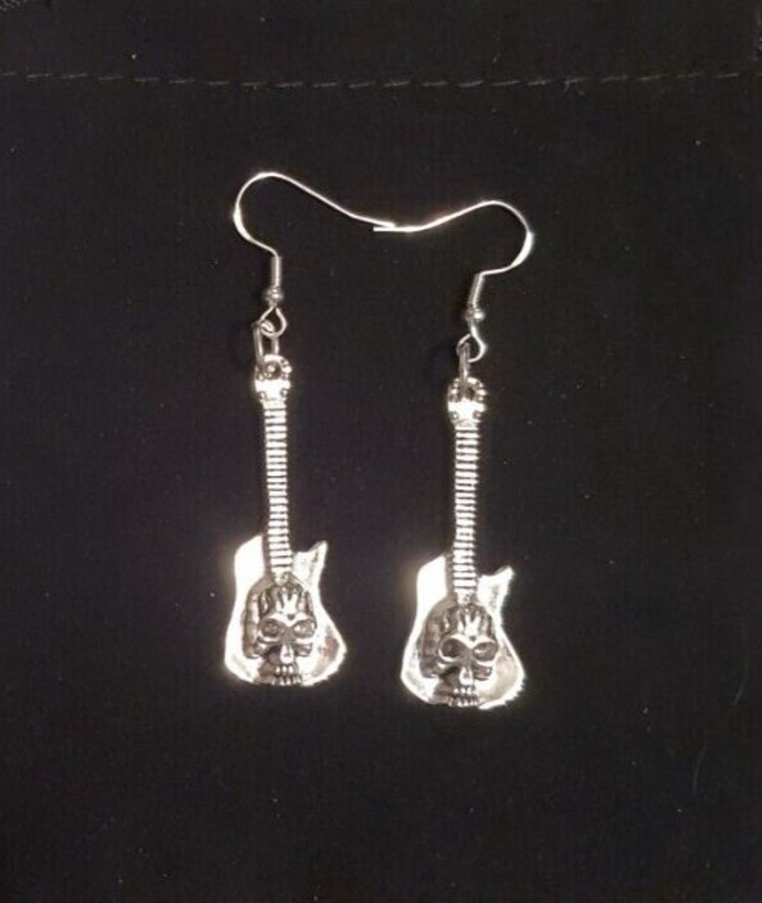 3D Antique Silver Skull Guitar Earrings on Sterling Silver Hooks for ...