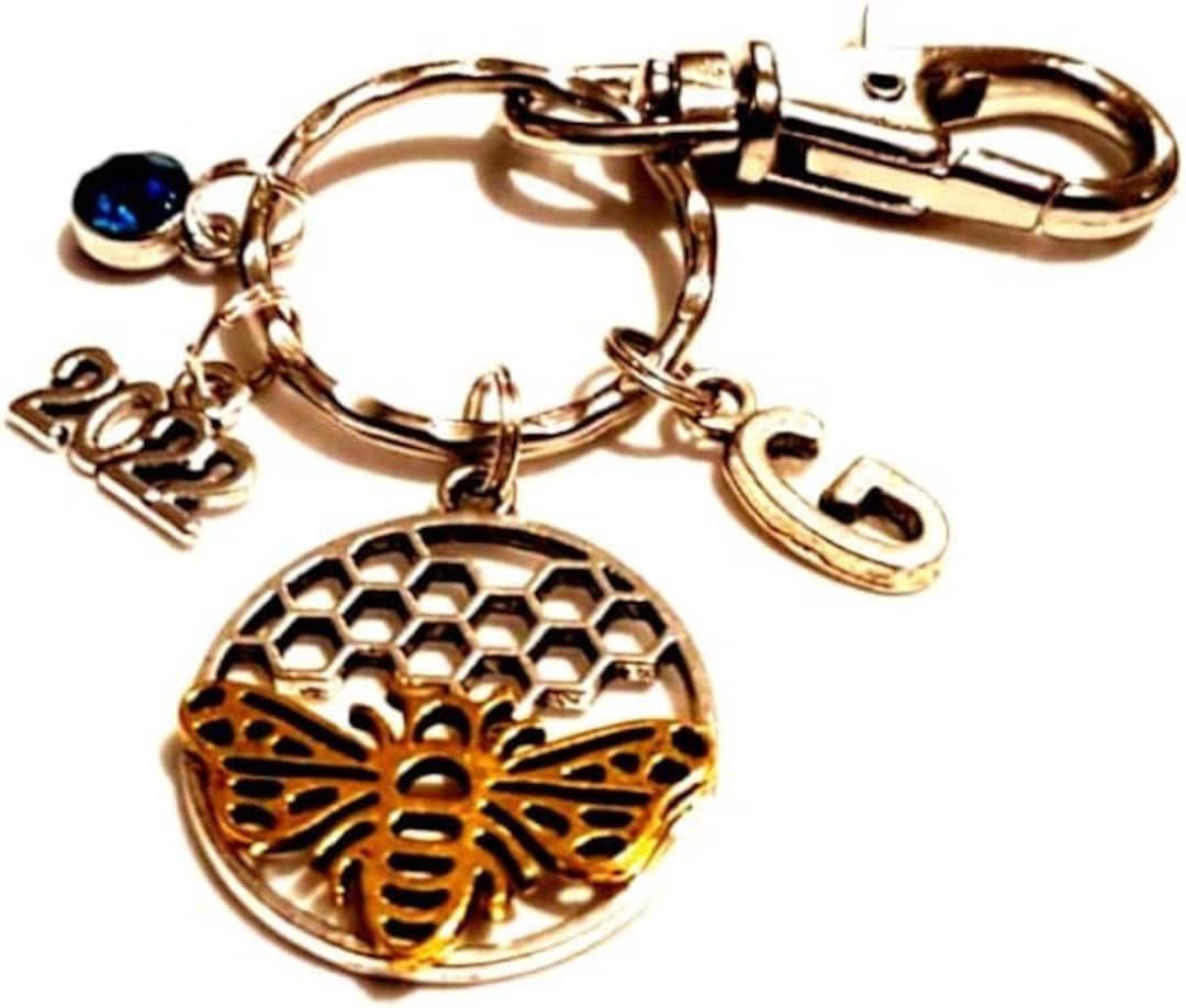 Personalised Honey Bee & Honeycomb Keychain With Initial, Crystal ...