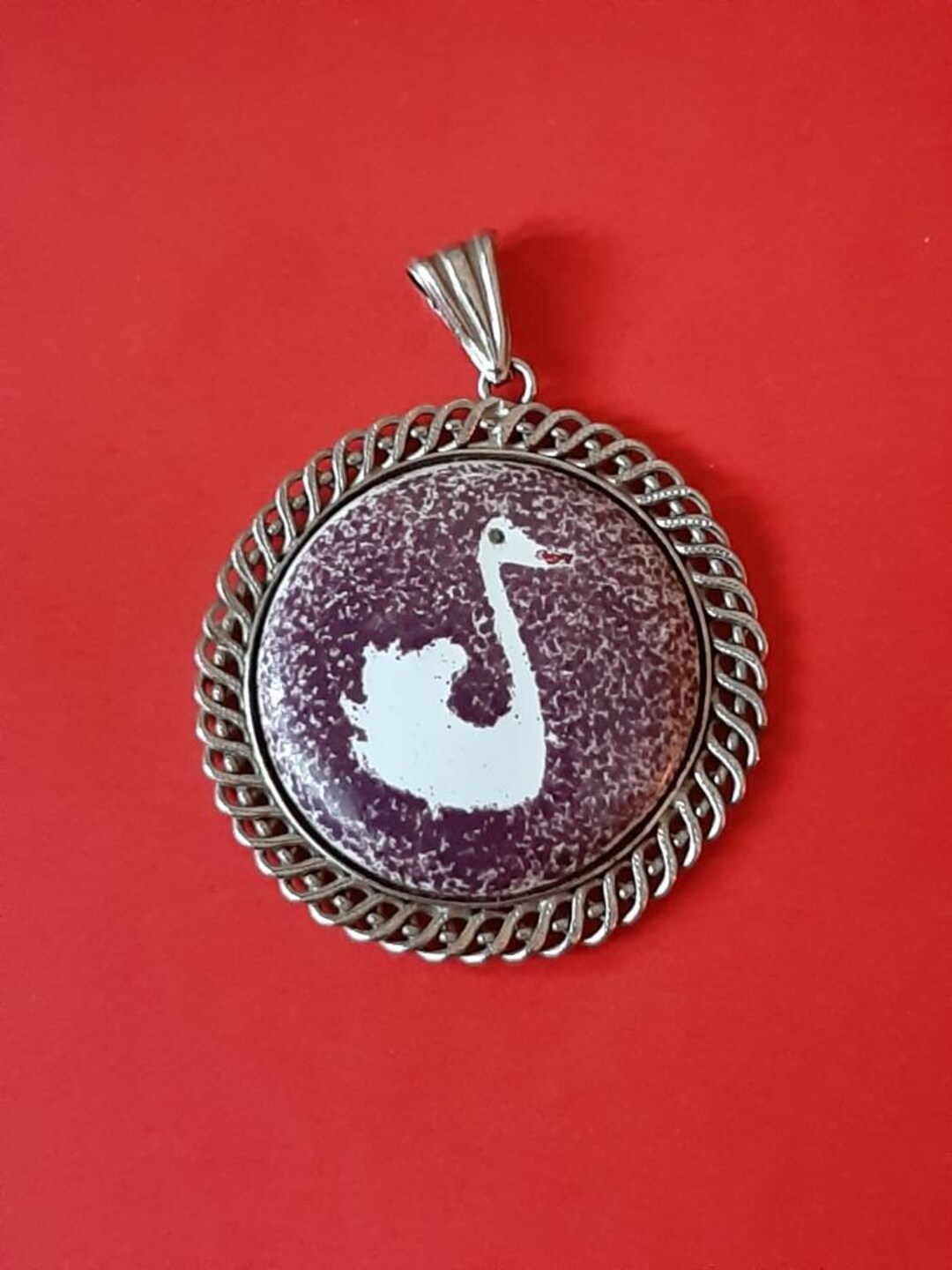 Vintage Silver Plated and Porcelain Charm of a Swan, Purple and White ...