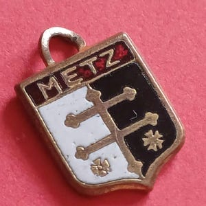 Vintage Very Tiny Travel Shield Charm of Metz, Brass and Enamel Charm ...
