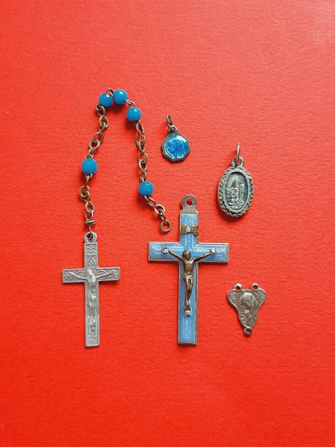 Vintage Religious Catholic Collection Items, Old Crosses, Enamel Virgin ...