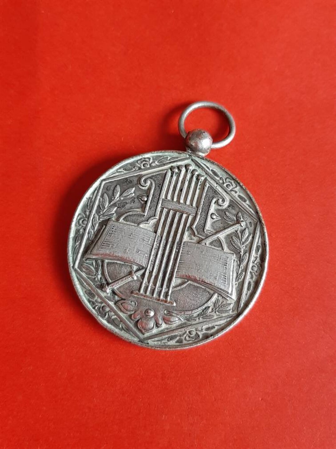 Antique 1938 Art Nouveau Silver Plated Medal Pendant With Wind Music ...