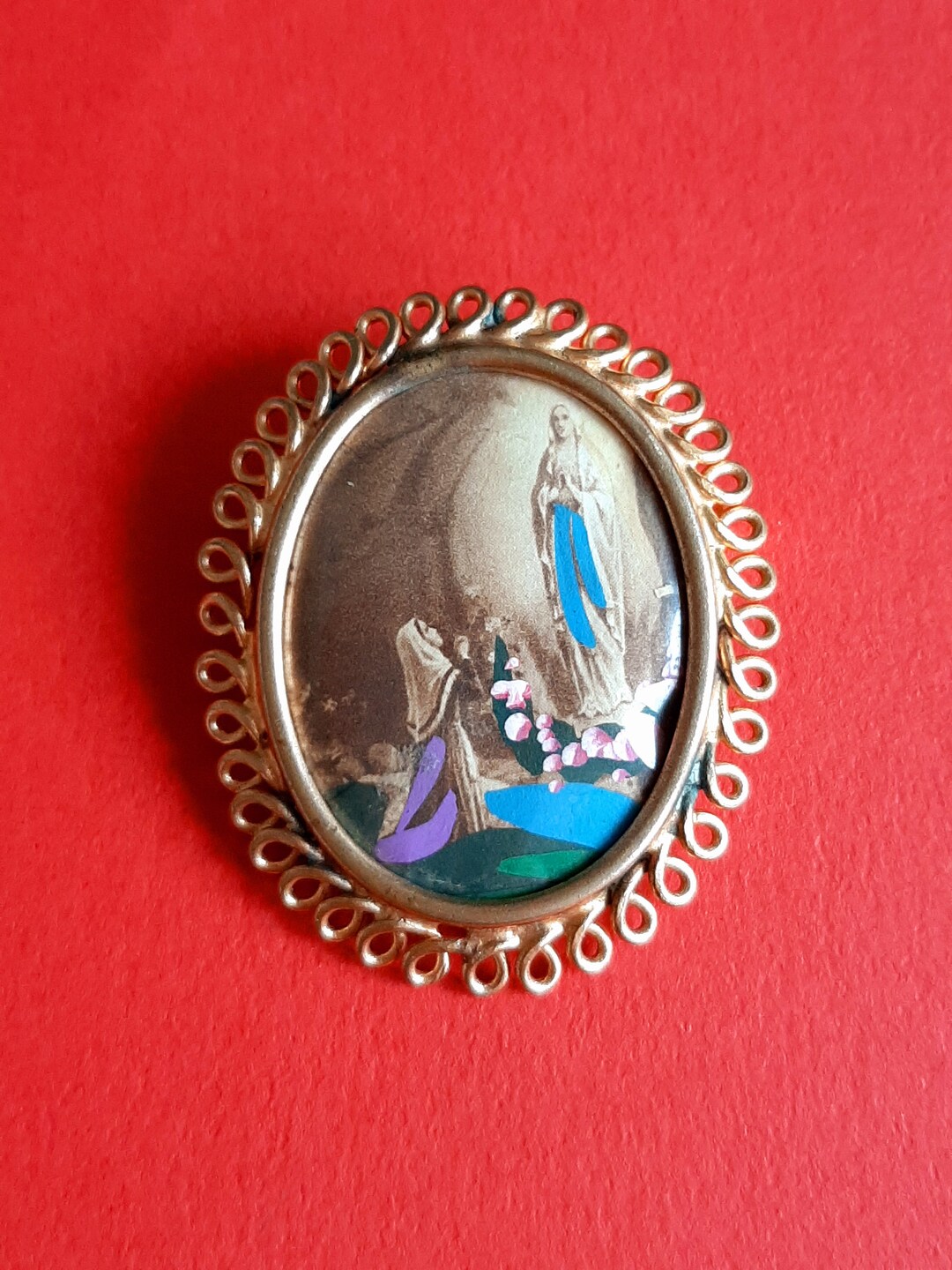 Vintage Religious Catholic French Oval Handpainted Colorful Brooch of ...