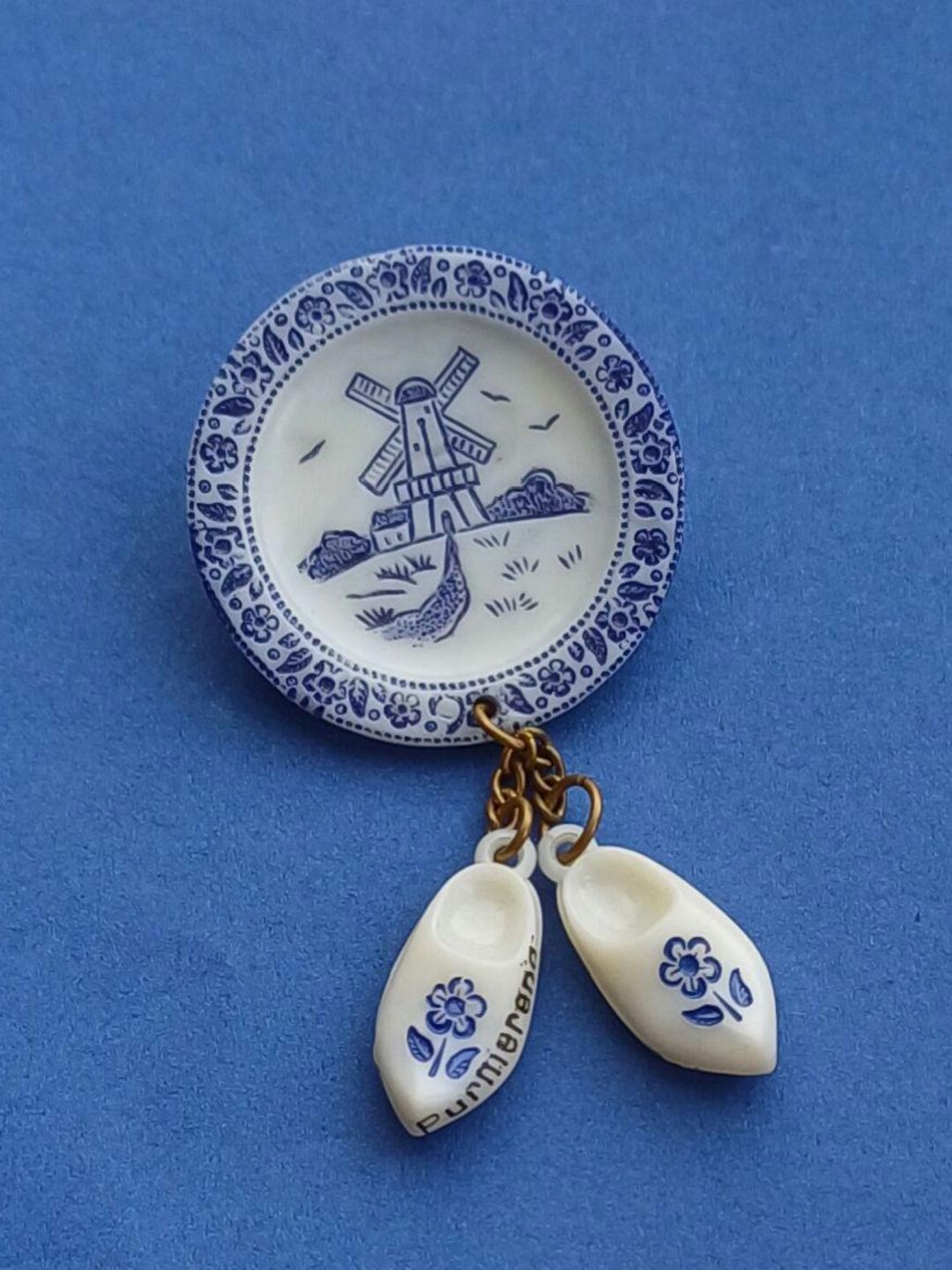 Vintage Celluloid Dutch Delft Blue Brooch of a Pair Delft Blue Wooden ...