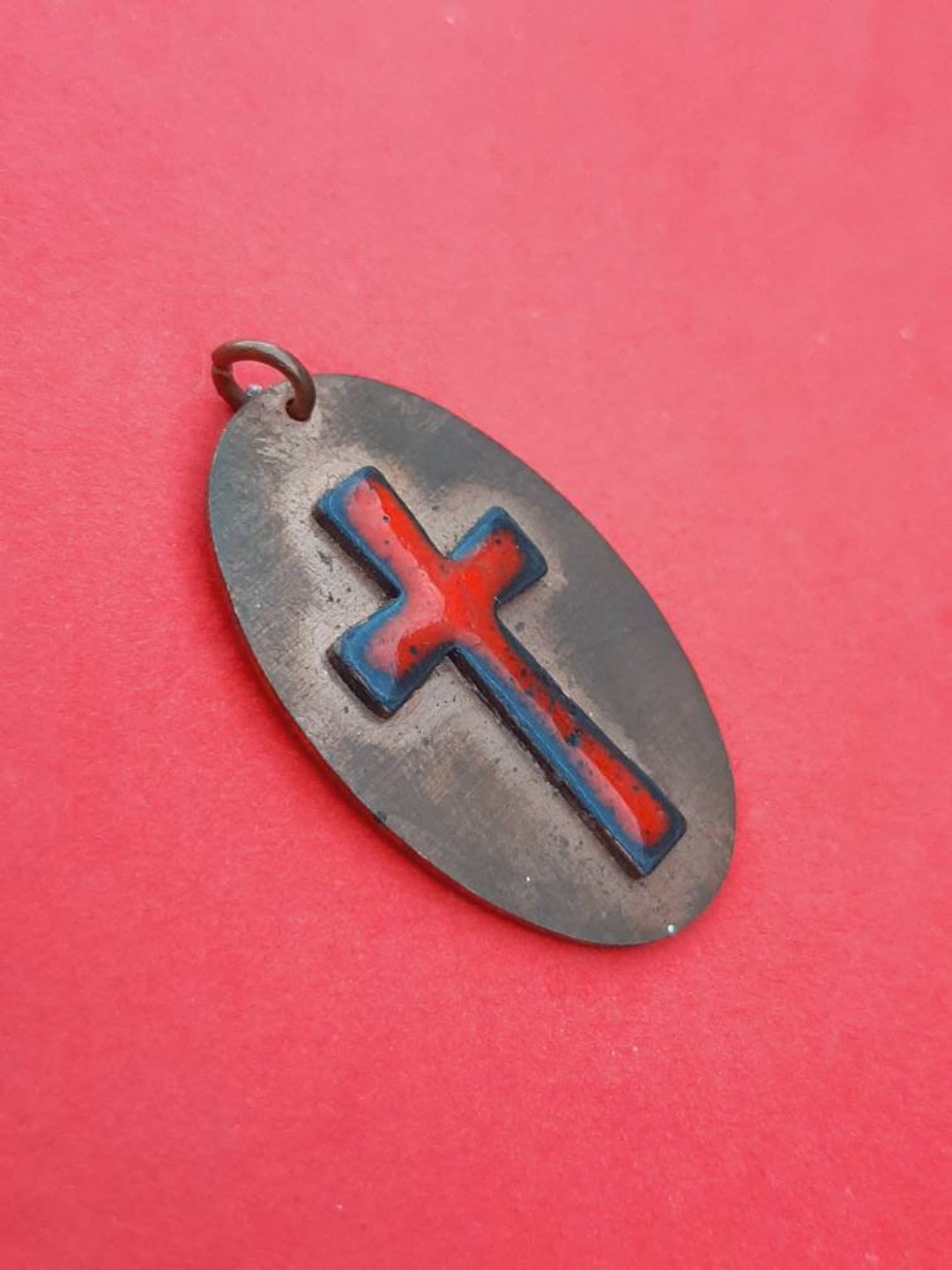 Vintage Religious Catholic Oval Copper With Red Enamel Cross Pendant ...
