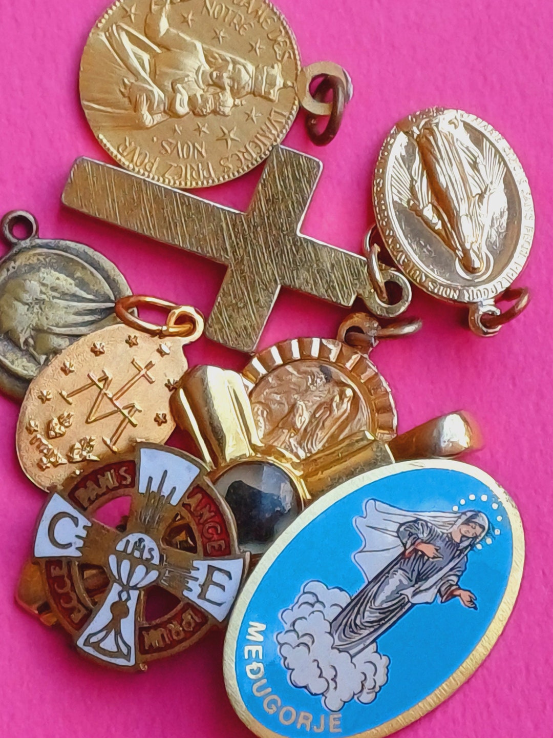 Assortment Vintage Gold Plated Religious Catholic Items of Our Lady and ...