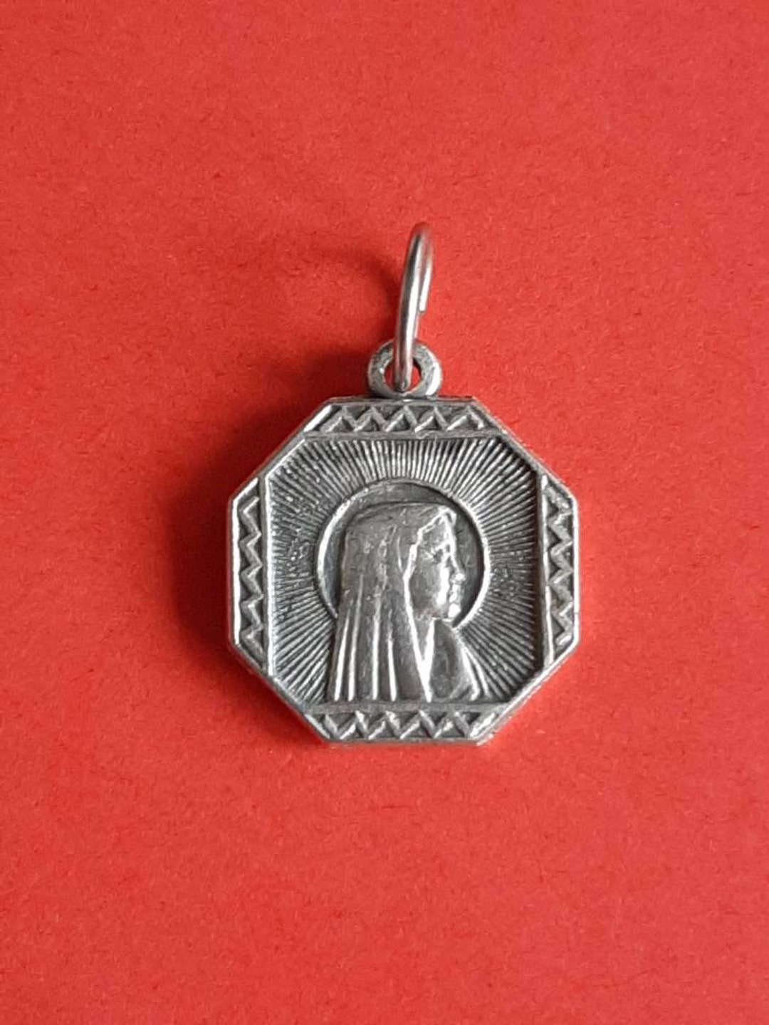 Vintage Religious Catholic Octagon Silver Plated Medal Pendant Charm of ...