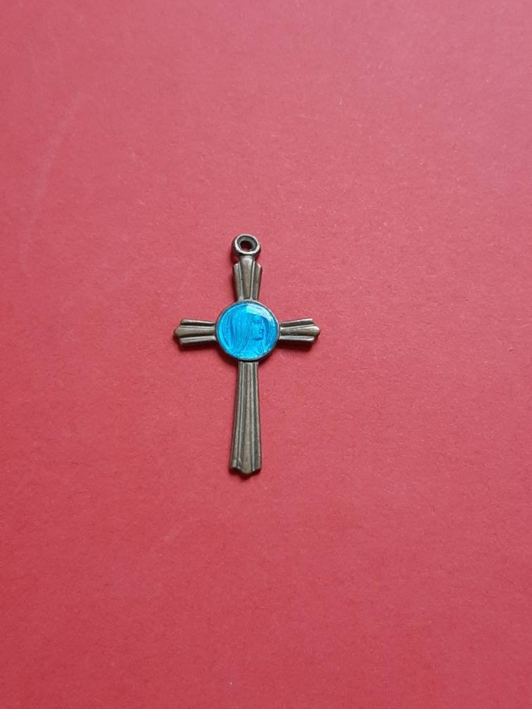 Vintage Religious Catholic Italian Blue Enamel Cross Pendant Charm of ...
