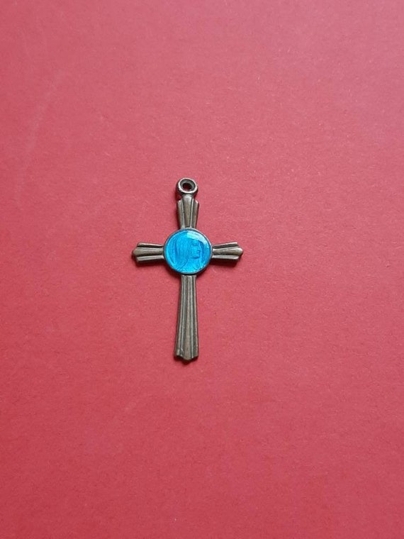 Vintage religious Catholic Italian blue enamel cross … - Gem