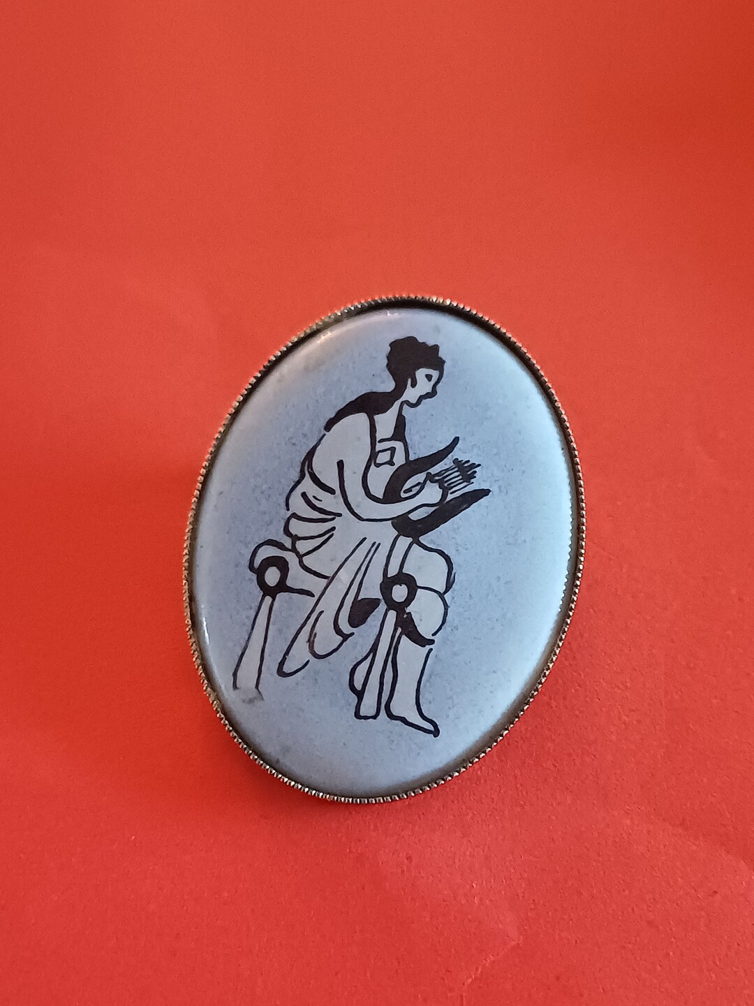 Vintage Greek Mythology Light Blue Enamel Brooch of a Woman Playing ...