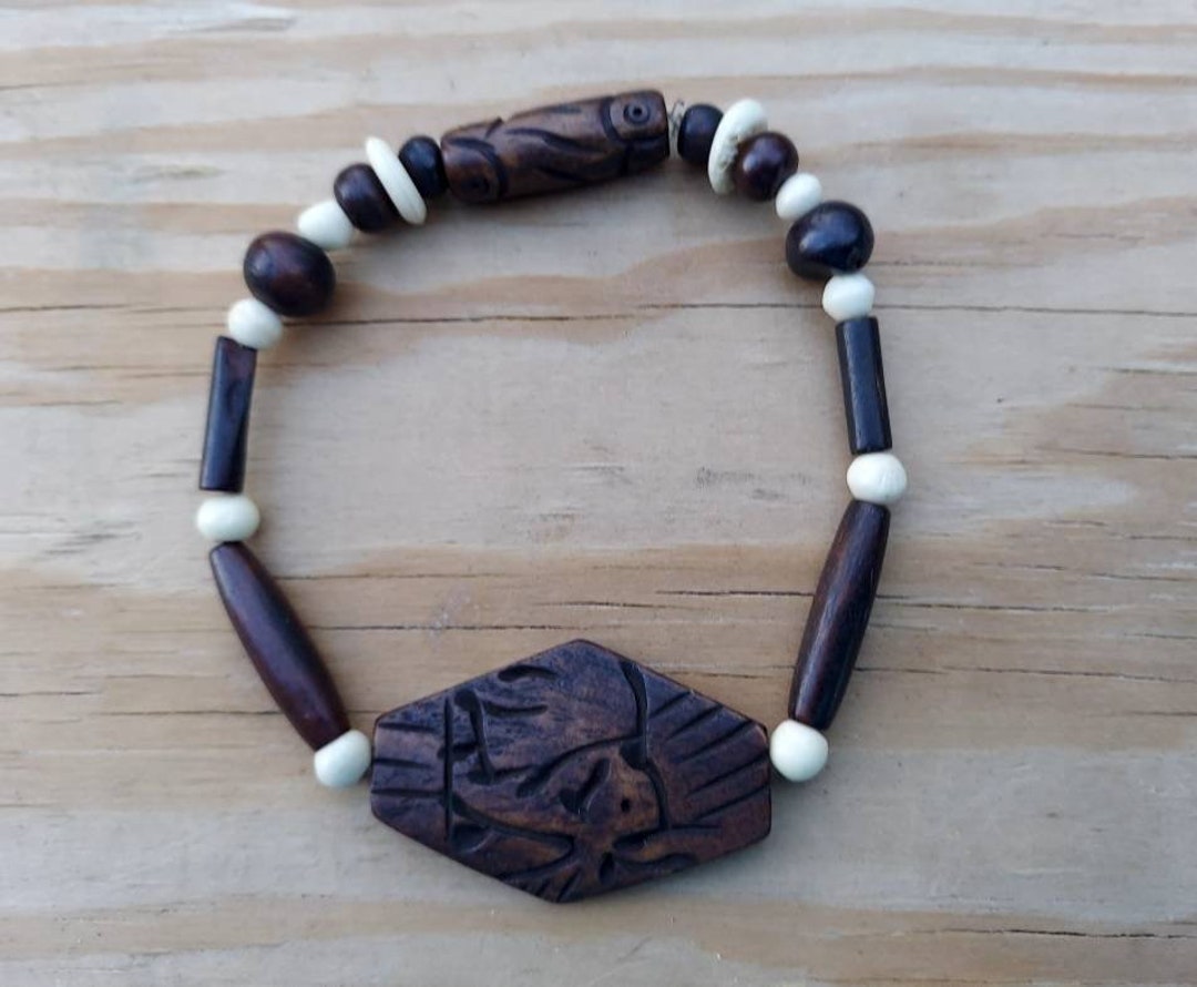Bone and Carved Wood Bracelet. Stretchable. Large - Etsy