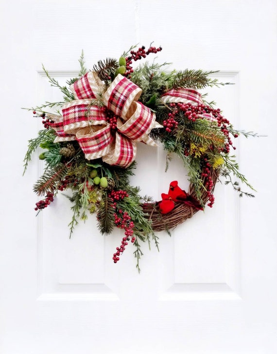 Rustic Cardinal Wreath Chevron and Plaid Bow Wreath | Etsy