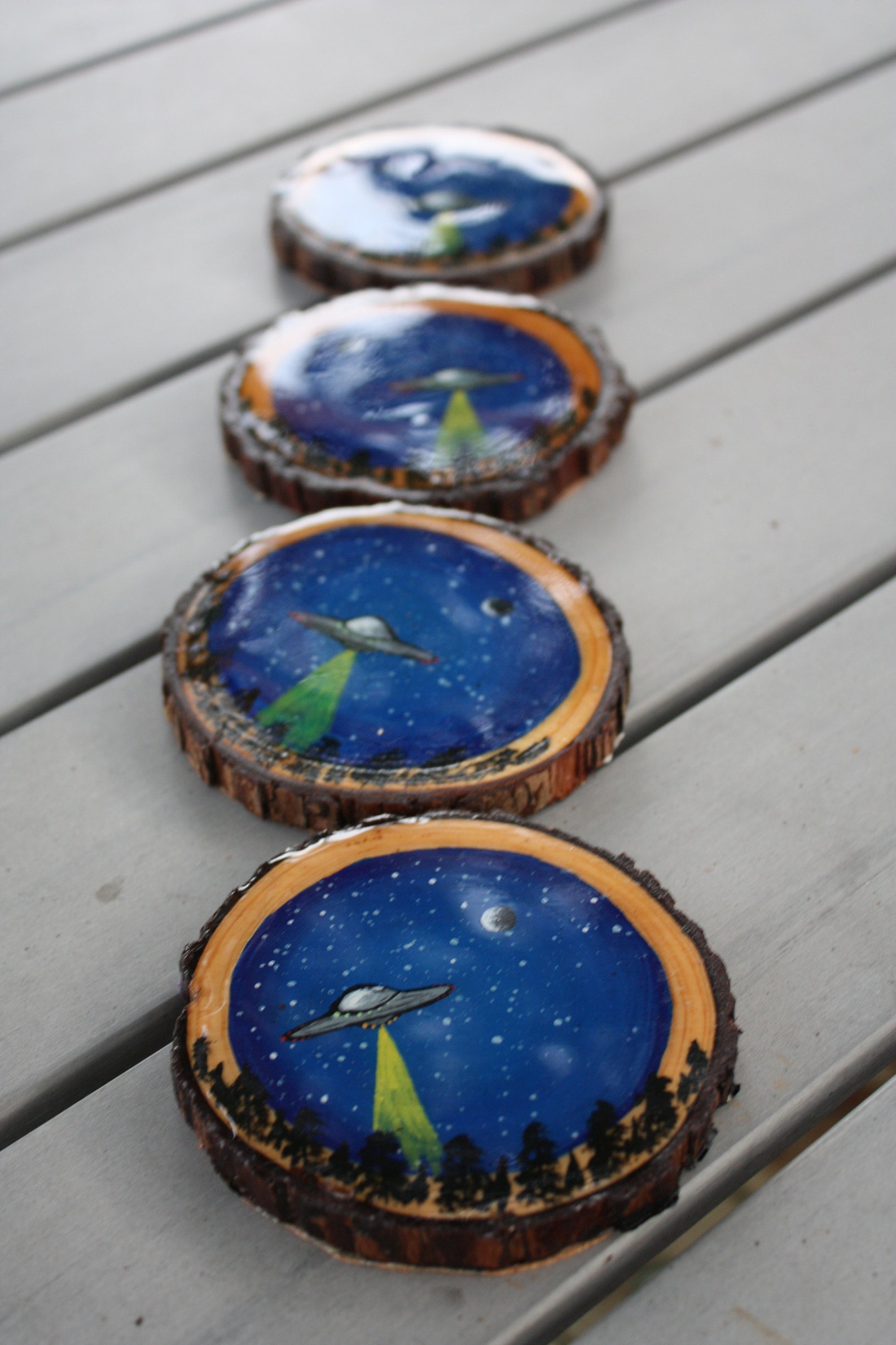 UFO Abduction Hand Painted Resin Coaster Set Galaxy Home Decor Alien ...