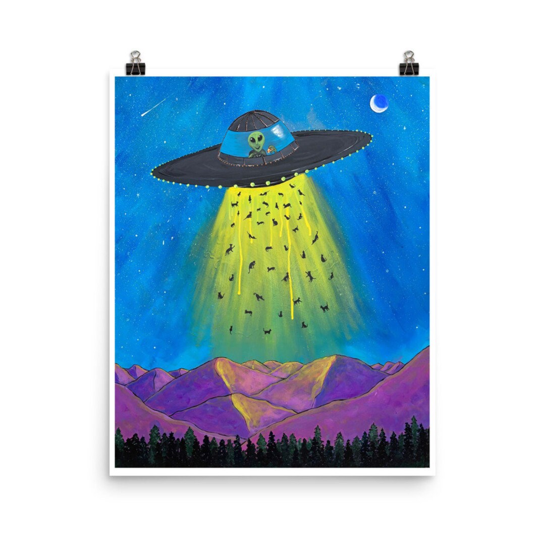 UFO Abducting Dozens of Cats Poster | Sci-fi Wall Decor | Cat Lover ...