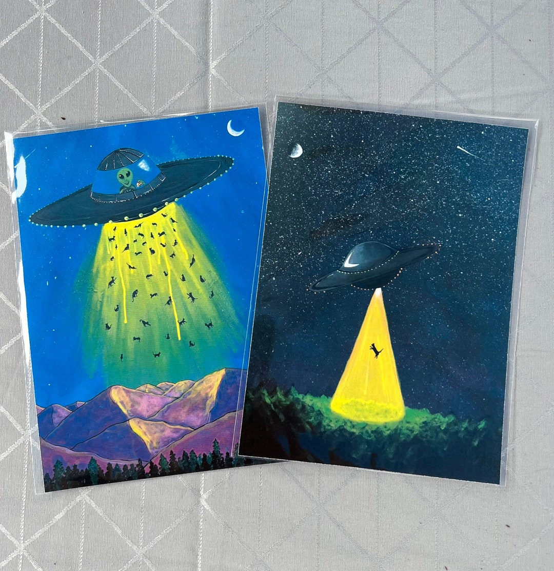 Set of TWO 5x7 Prints of Cats Being Abducted by a UFO | Sci-fi Artwork ...