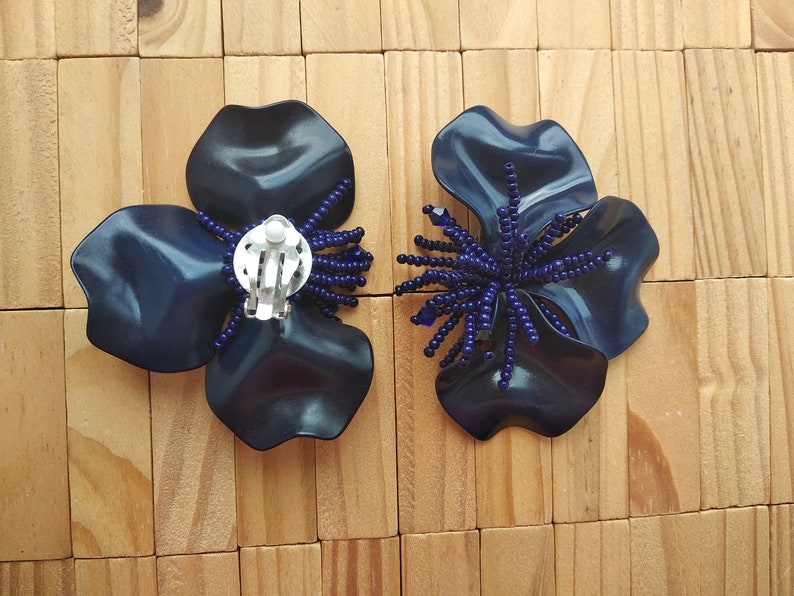 Unique Large Flower Button Burst Black Clip on Earrings - Etsy