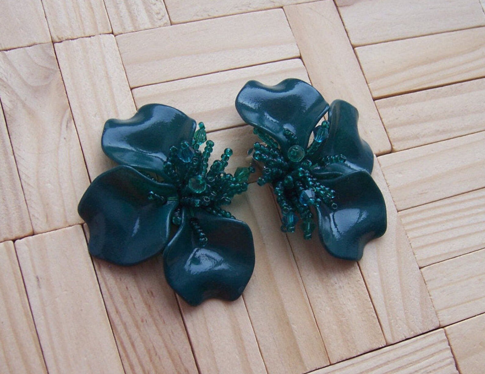Unique Flower Button Burst Forest Green Clip on Earringsblack - Etsy