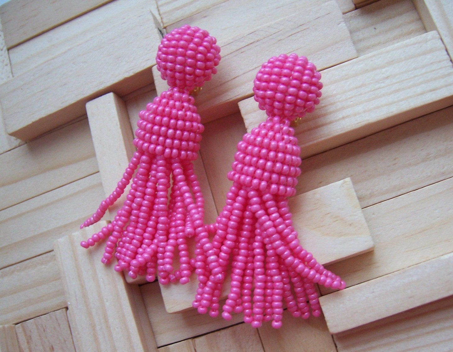 Long short hot pink classic clip on earrings beaded tassel | Etsy