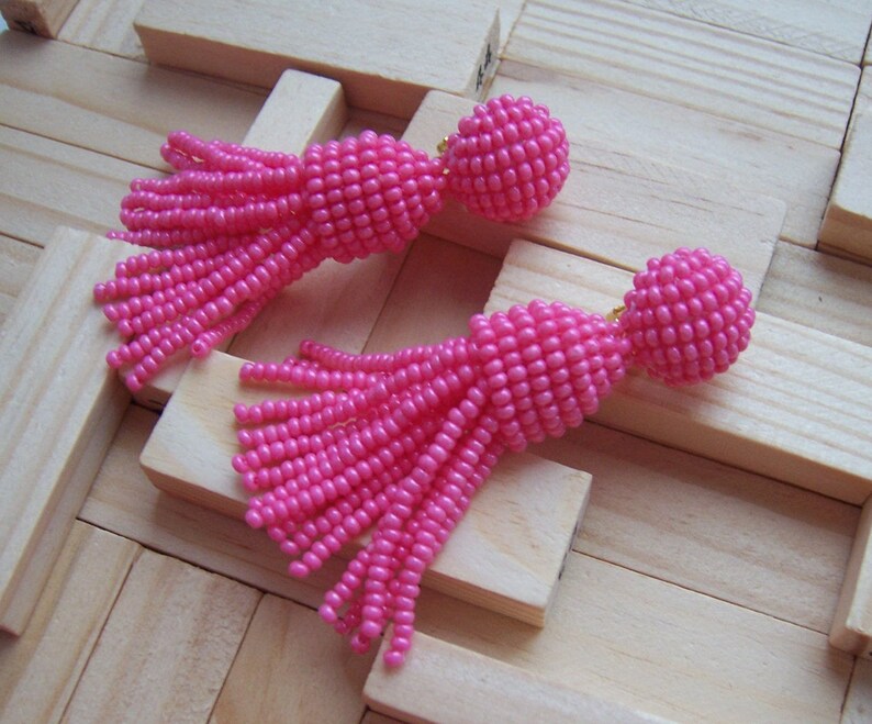 Long short hot pink classic clip on earrings beaded tassel | Etsy