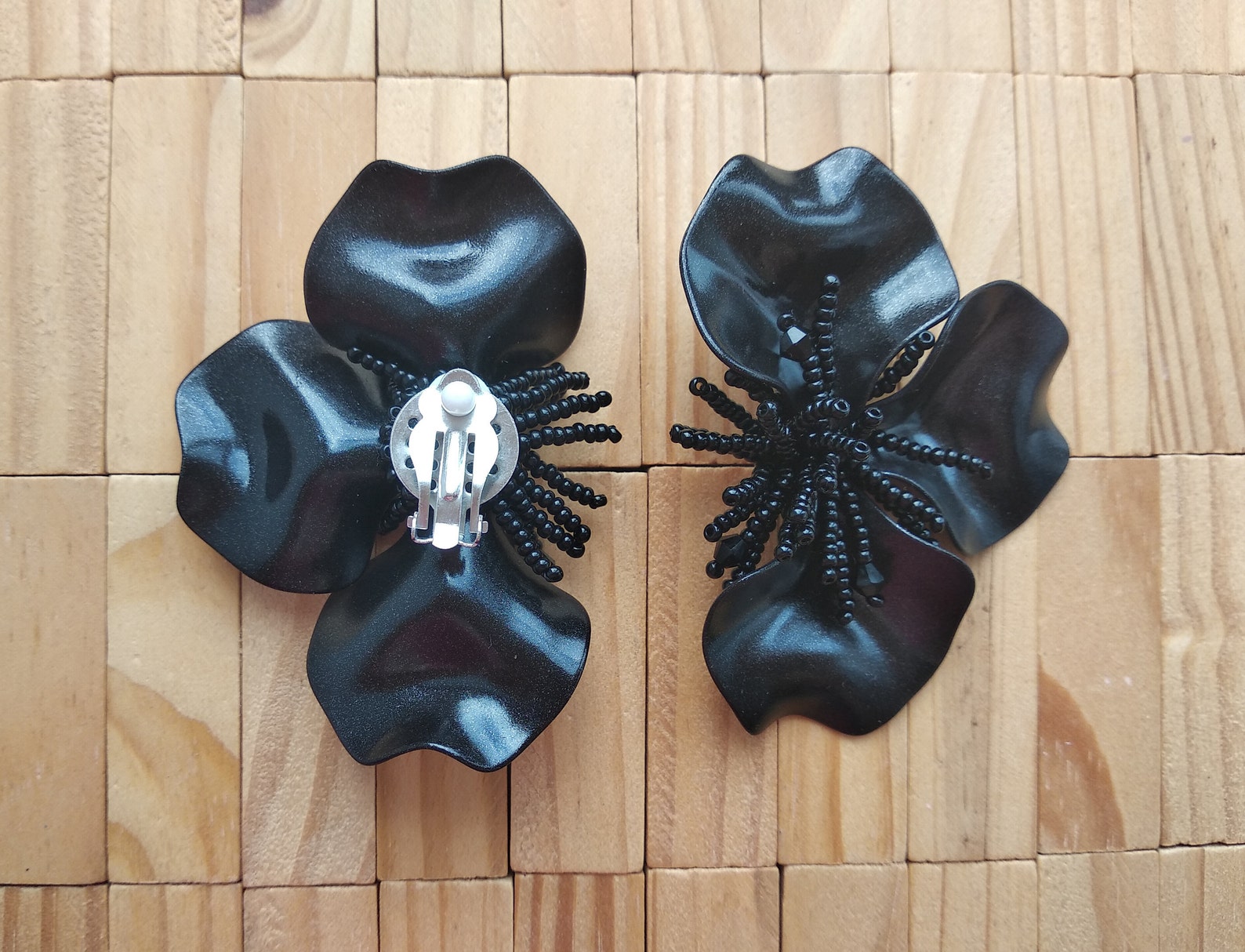 Unique Large Flower Button Burst Black Clip on Earrings - Etsy
