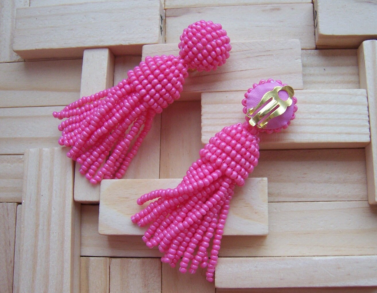 Long short hot pink classic clip on earrings beaded tassel | Etsy