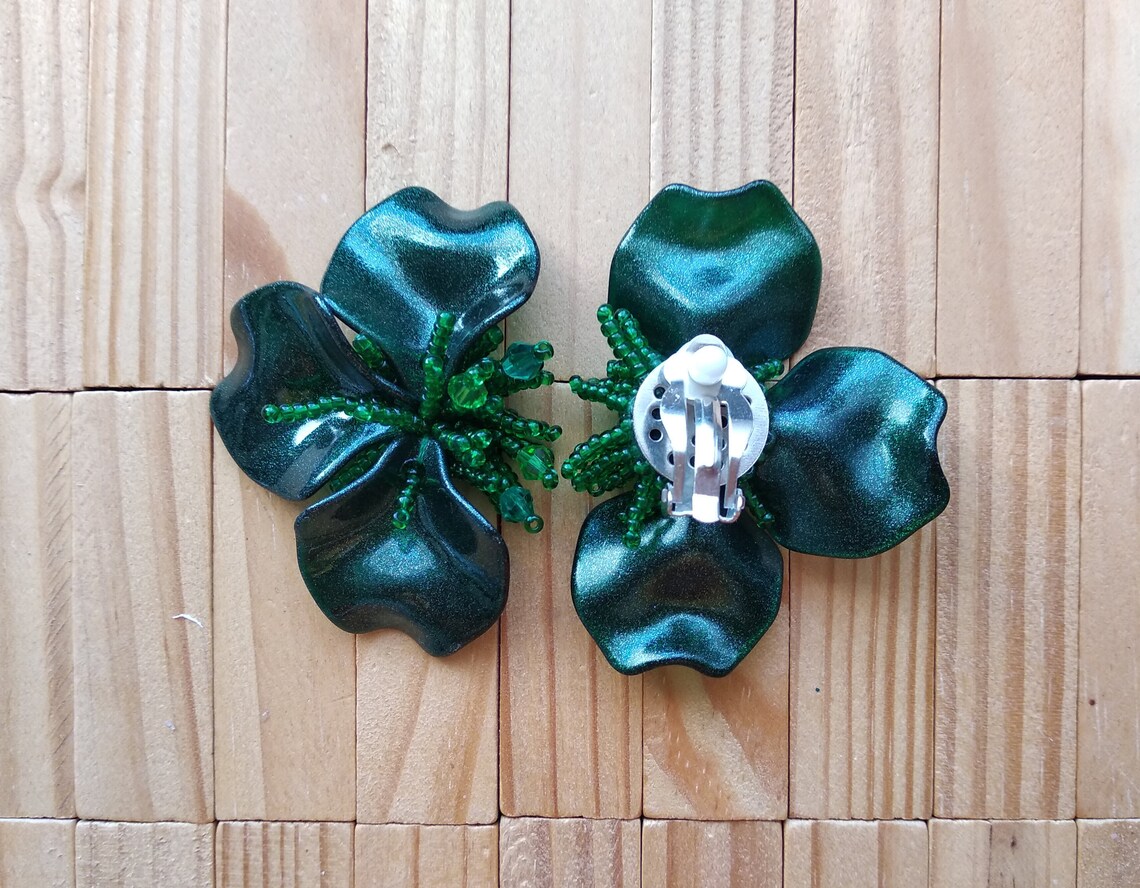 Unique Flower button burst forest green clip on earringsblack | Etsy