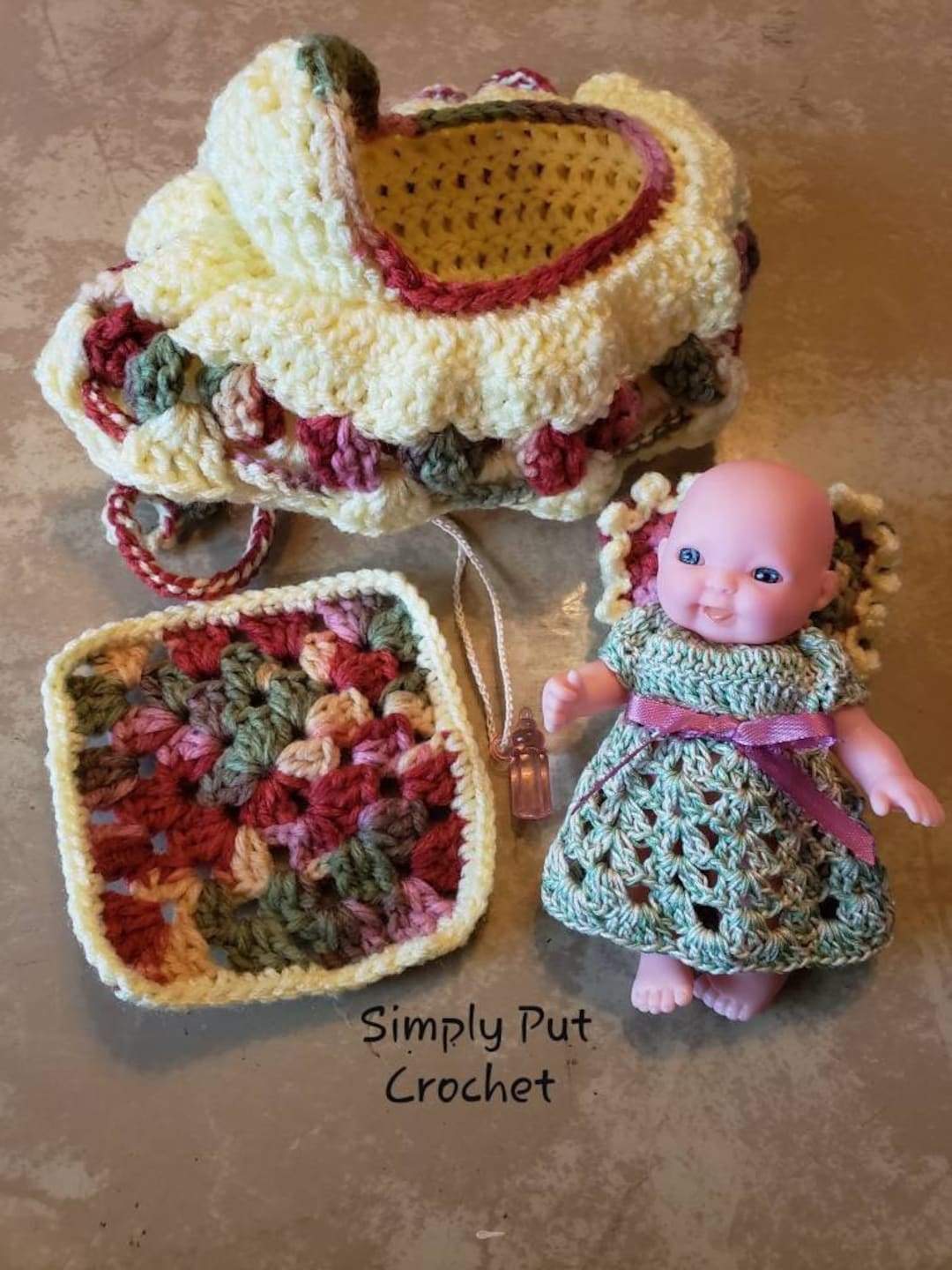 Crochet Cradle Purse, Doll and Accessories in Bag, Busy Play for Girl ...